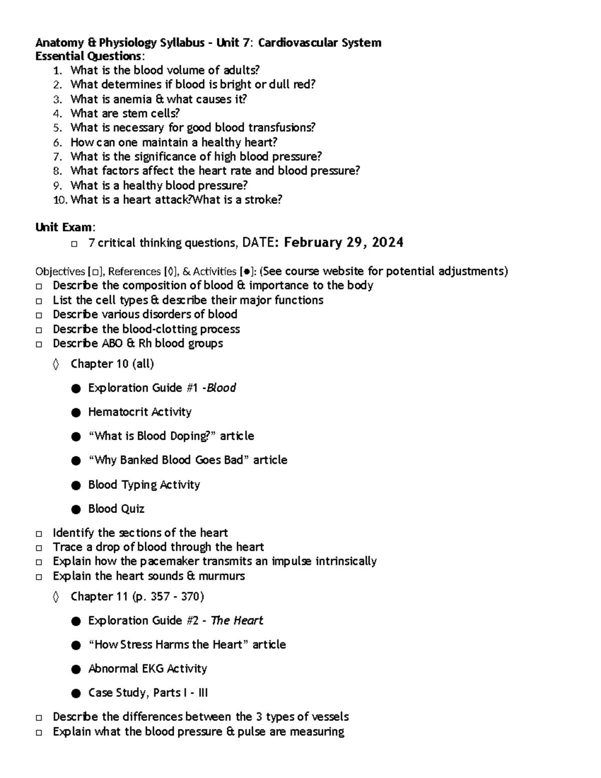 0130 Unit 7 Organization Guide - Anatomy & Physiology Syllabus – Unit 7 ...