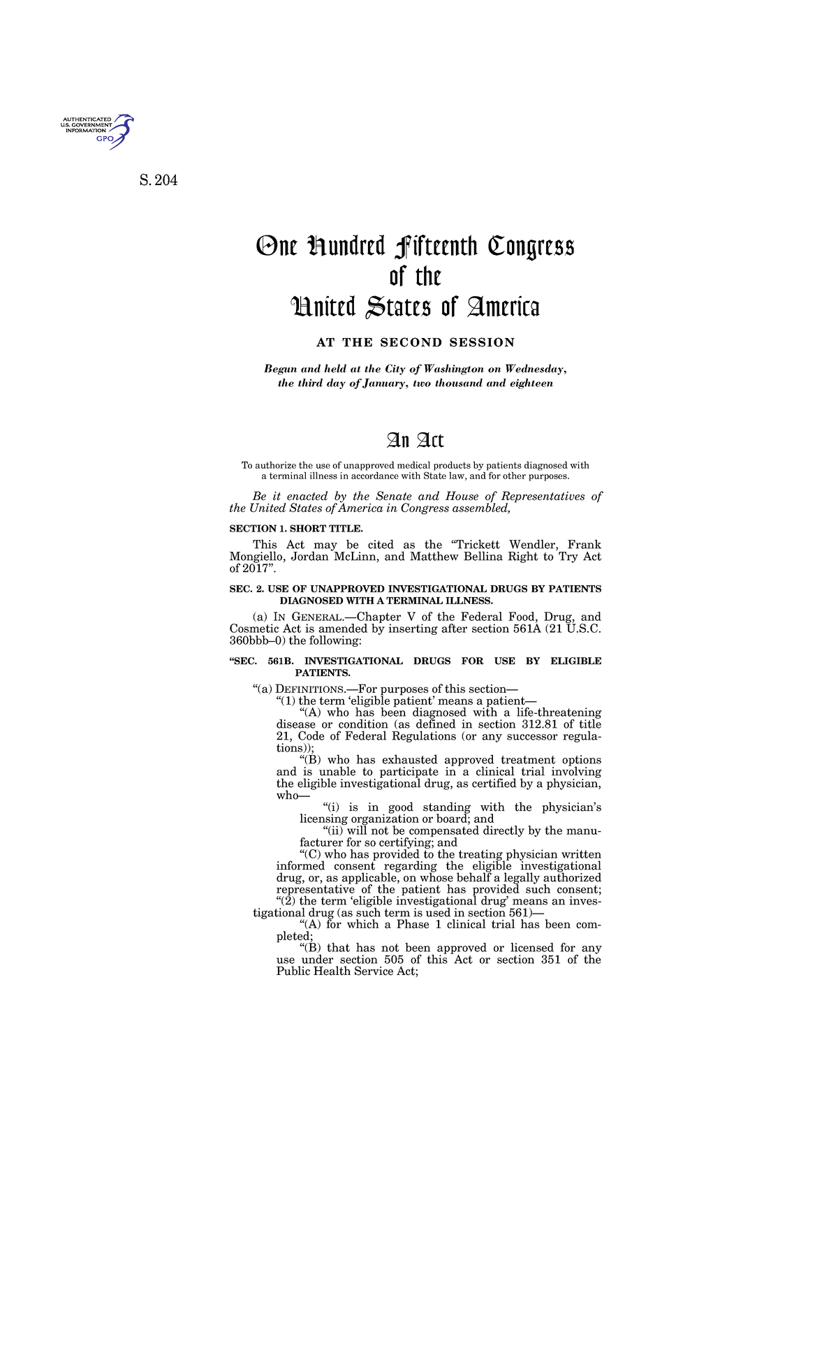 Right to Try Law - lecture notes - S. 204 One Hundred Fifteenth ...