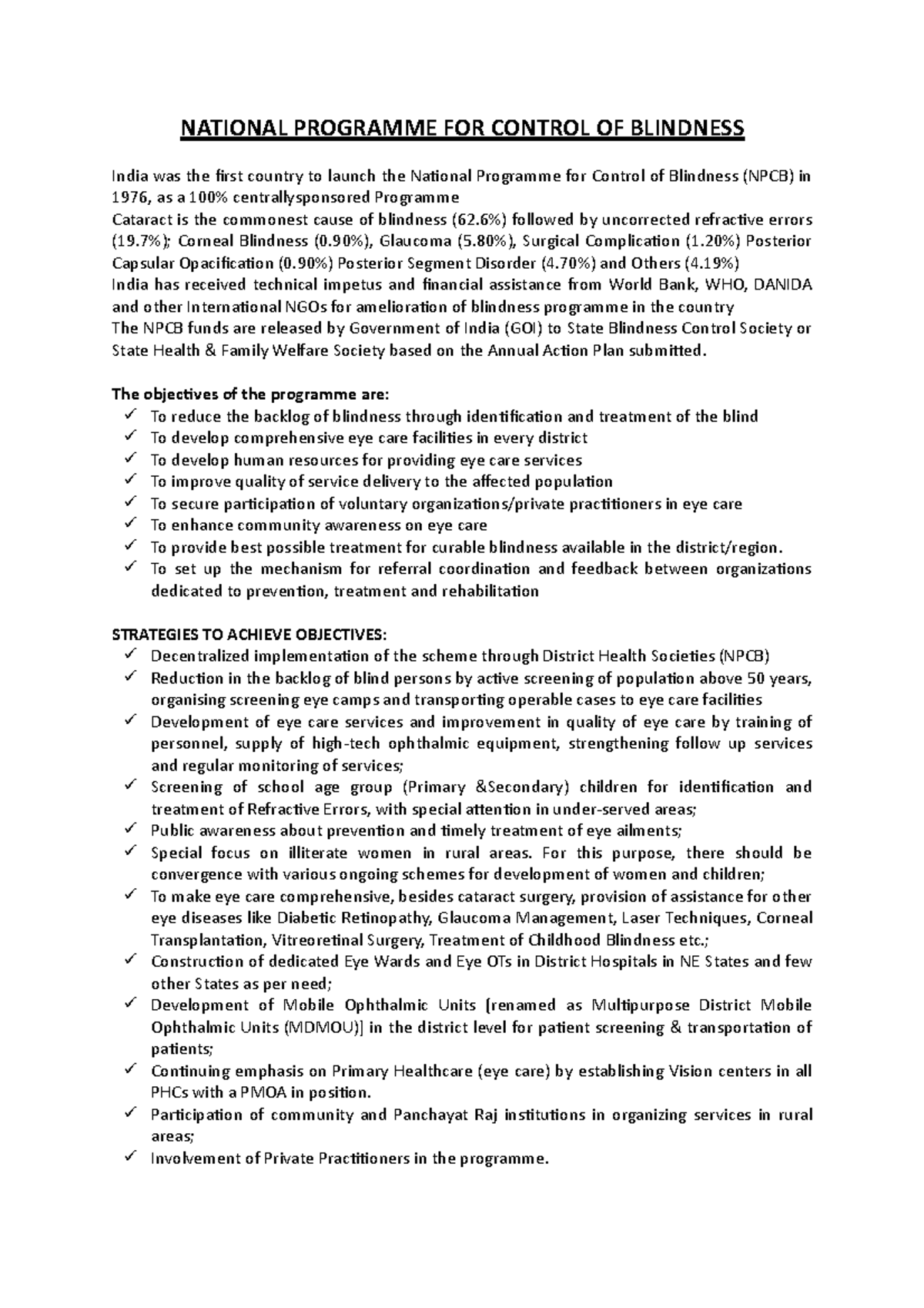 Bliindness program - NATIONAL PROGRAMME FOR CONTROL OF BLINDNESS India ...