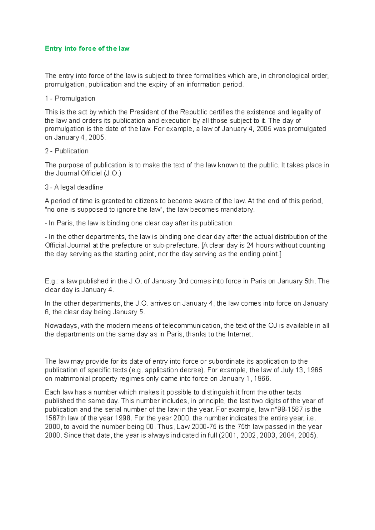 Section I Law and religion 8 - Entry into force of the law The entry ...