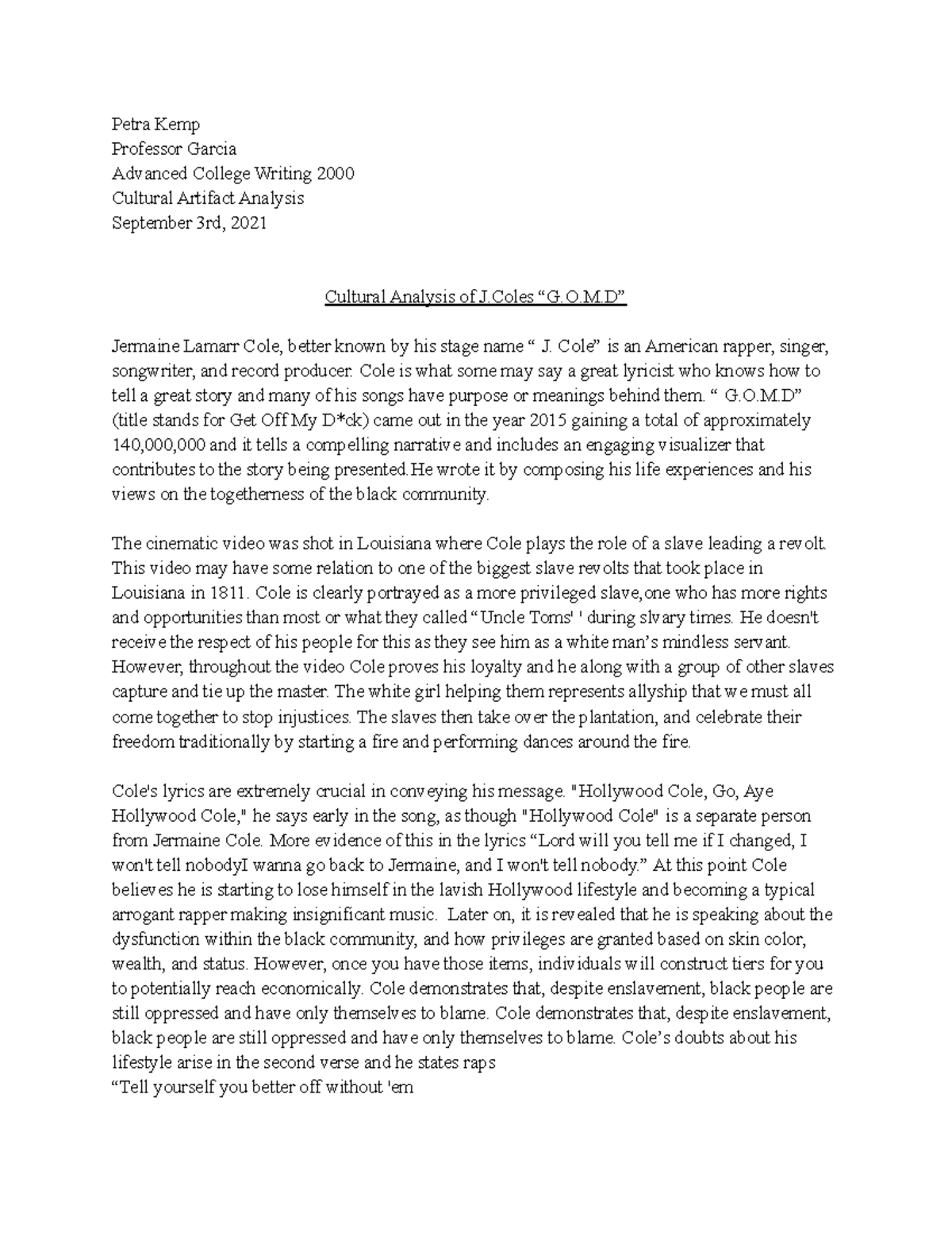 Advanced College Writing 2000- Cultural Artifact Analysis - Petra Kemp ...