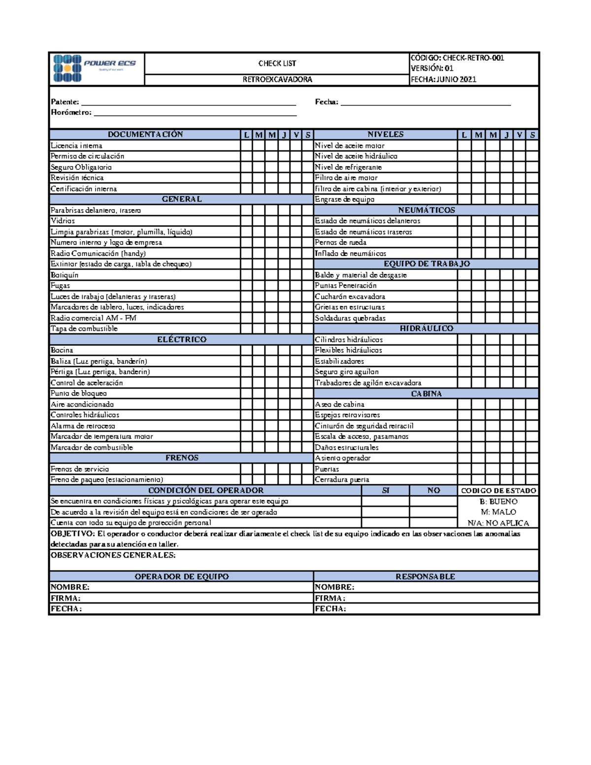 Check List Retro excavadora Power ECS - L M M J V S L M M J V S SI NO ...