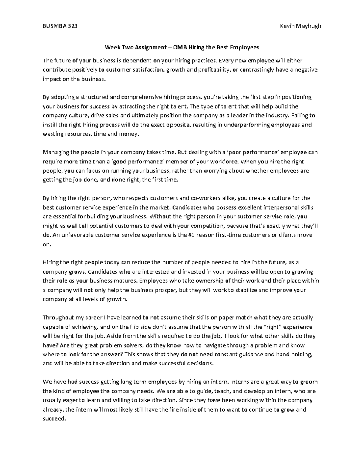 Week Two Assignment – OMB Hiring the Best Employees - BUS 450 - BSU ...