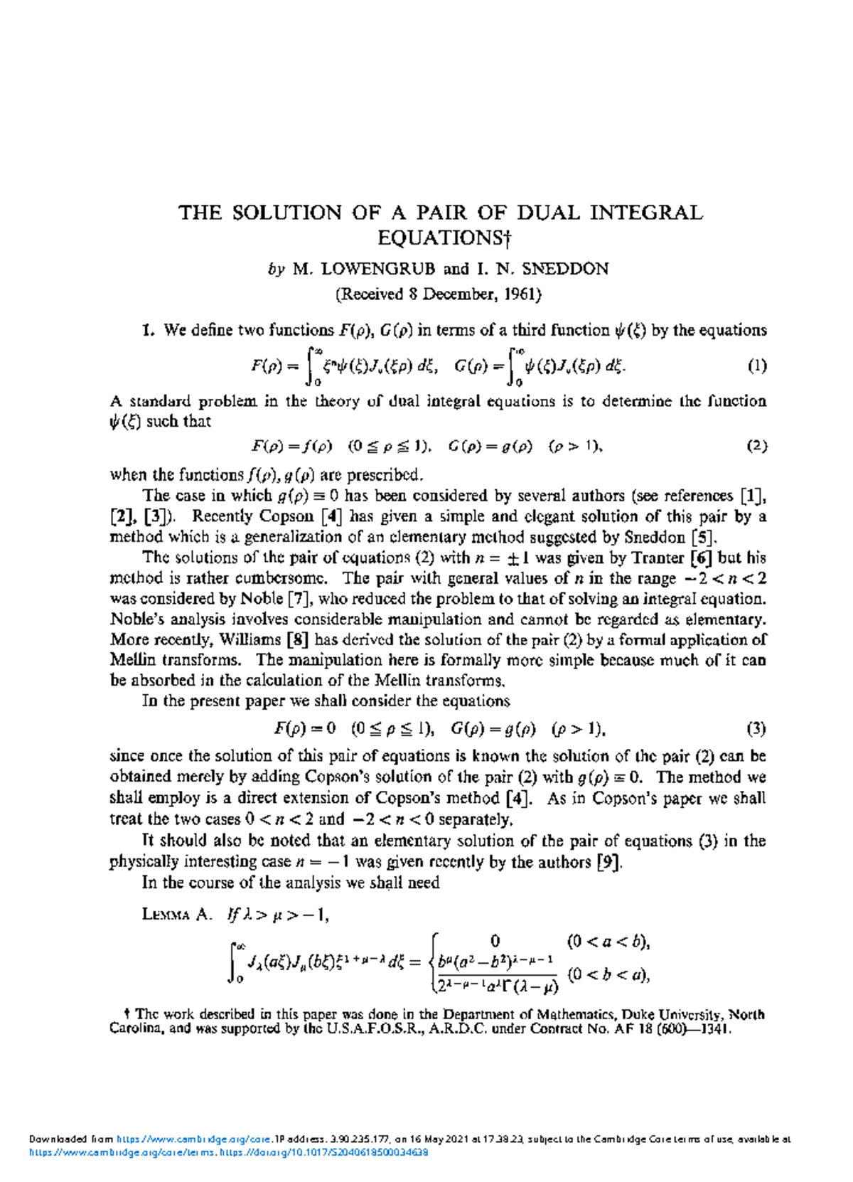 The solution of a pair of dual integral - THE SOLUTION OF A PAIR OF ...