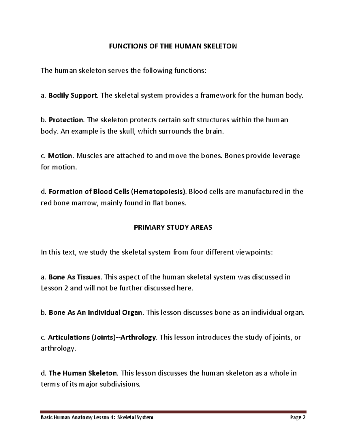 Anatomy 4 Lecture Notes - FUNCTIONS OF THE HUMAN SKELETON The human ...