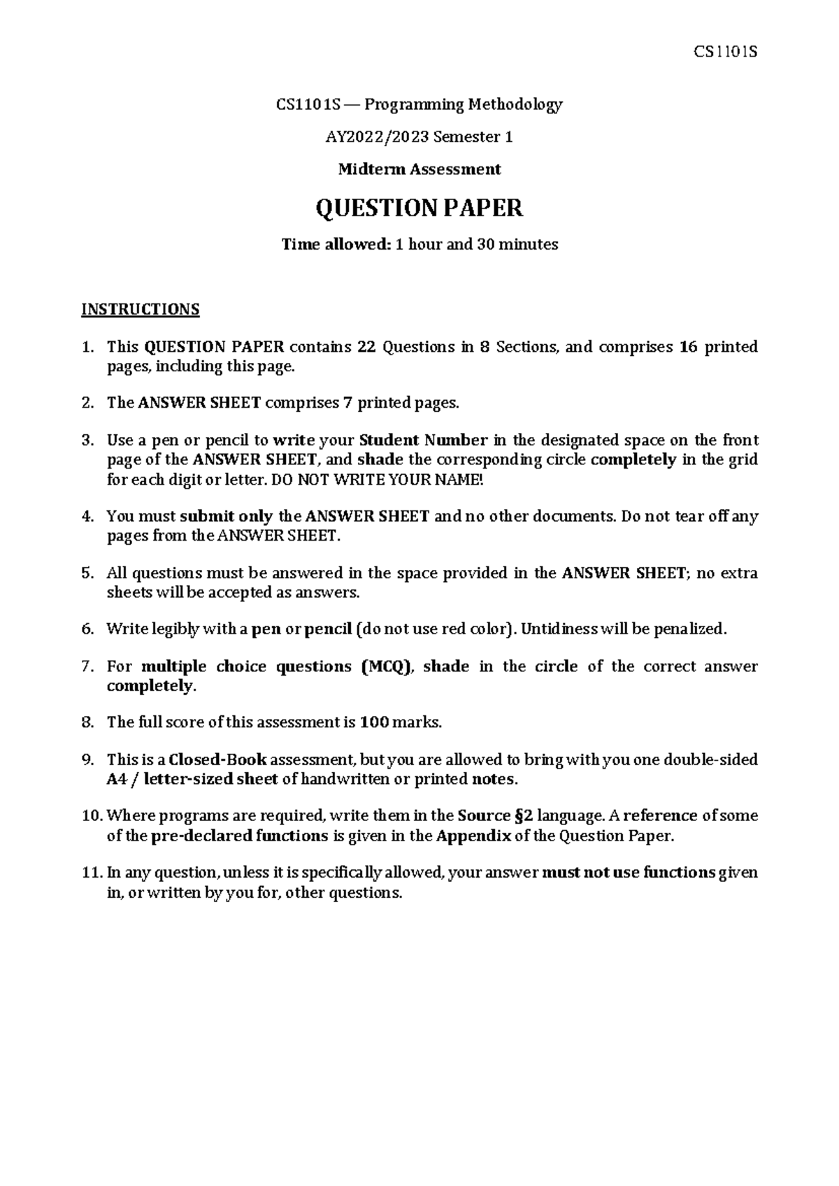 Midterm 2223s1 question paper - CS1101S — Programming Methodology AY 2022 /202 3 Semester 1 ...
