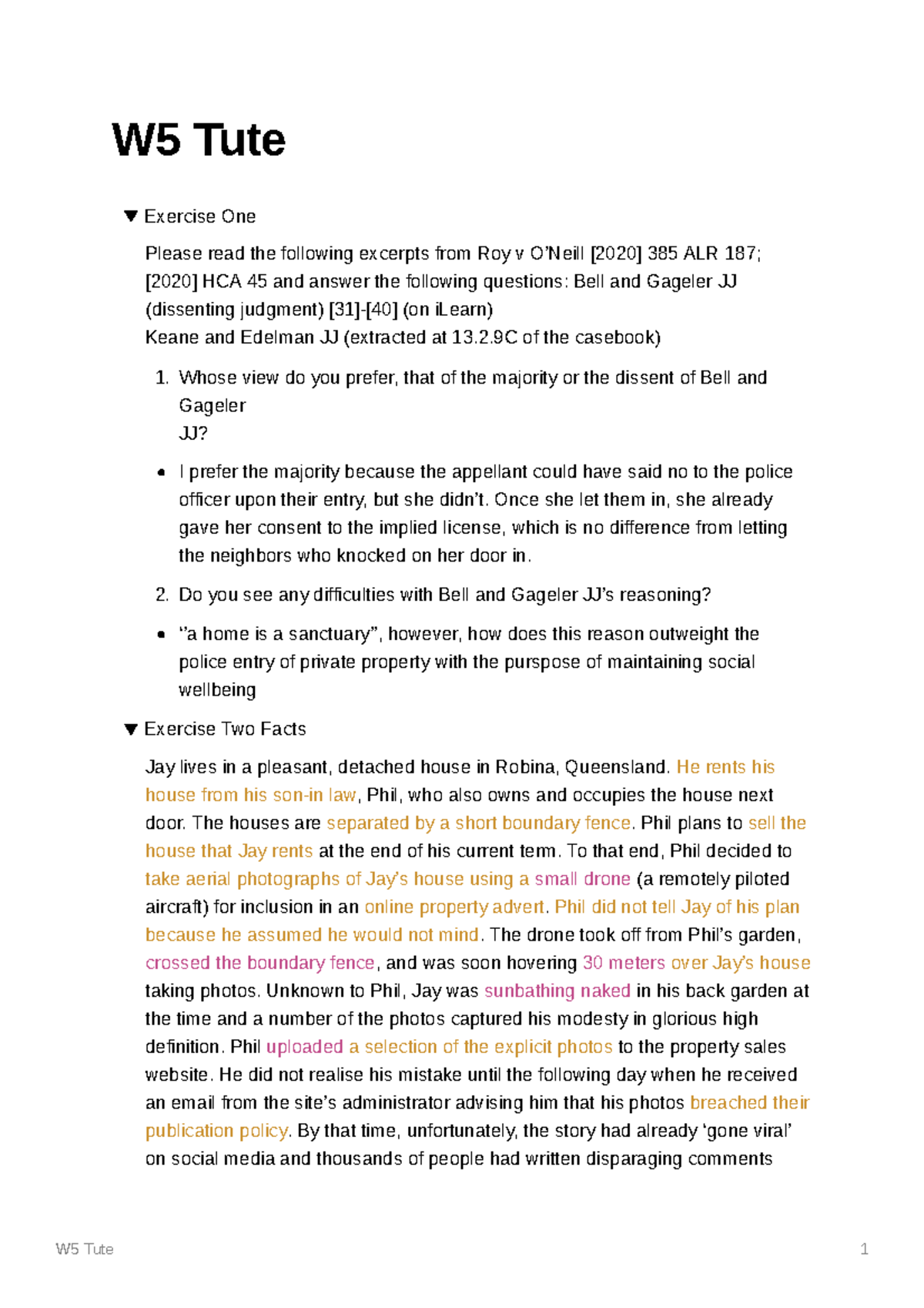 W5 Tute - tutorial - W5 Tute Exercise One Please read the following ...