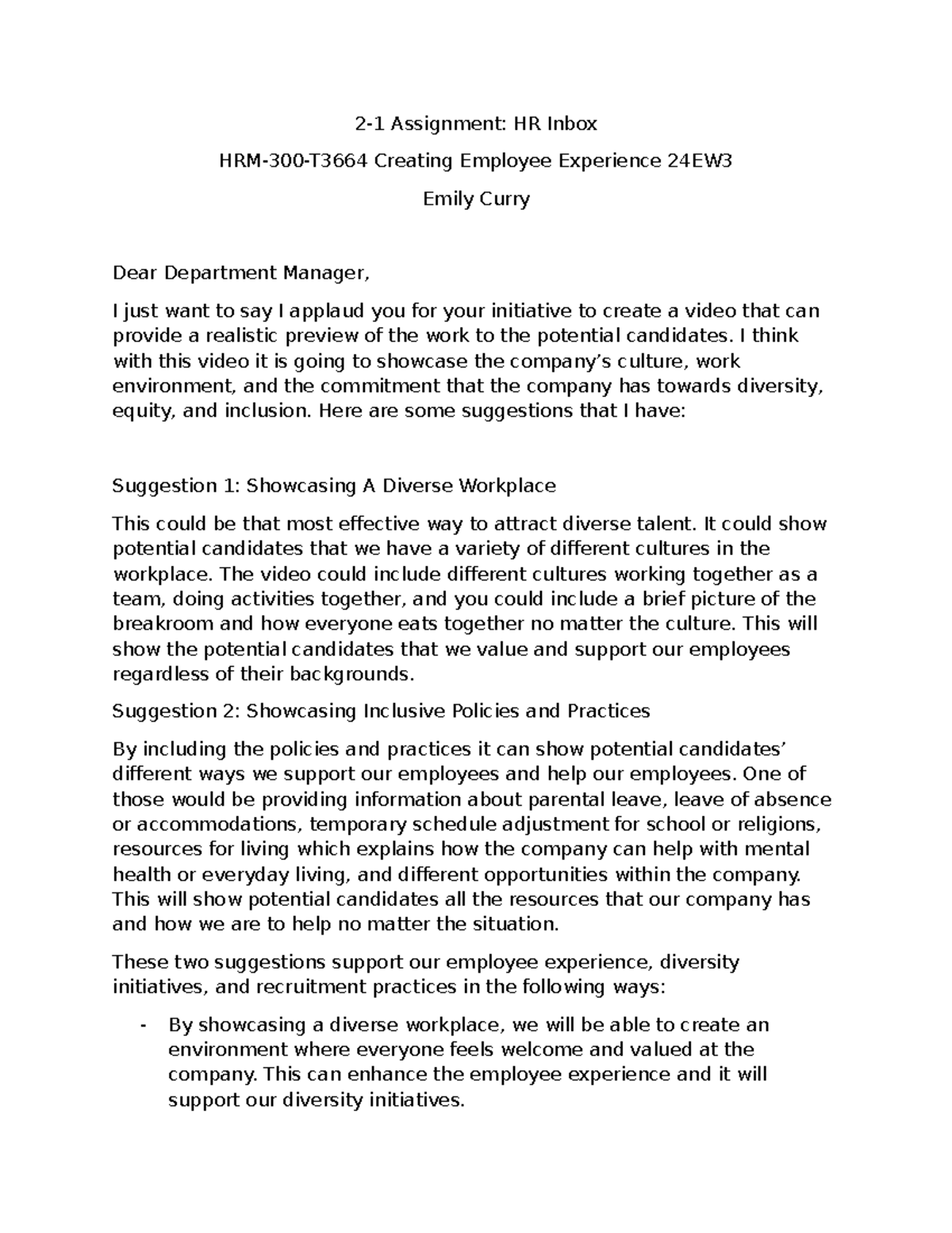 2-1 Assignment HR Inbox - 2-1 Assignment: HR Inbox HRM-300-T3664 Creating Employee Experience ...
