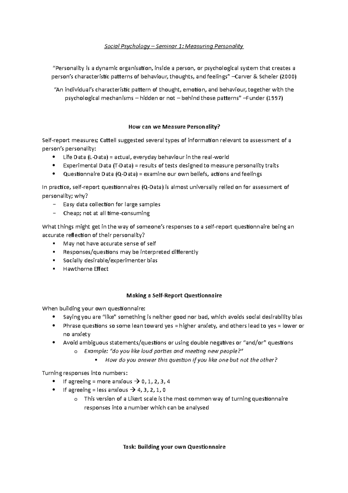 Measuring Personality Seminar - Social Psychology – Seminar 1 ...