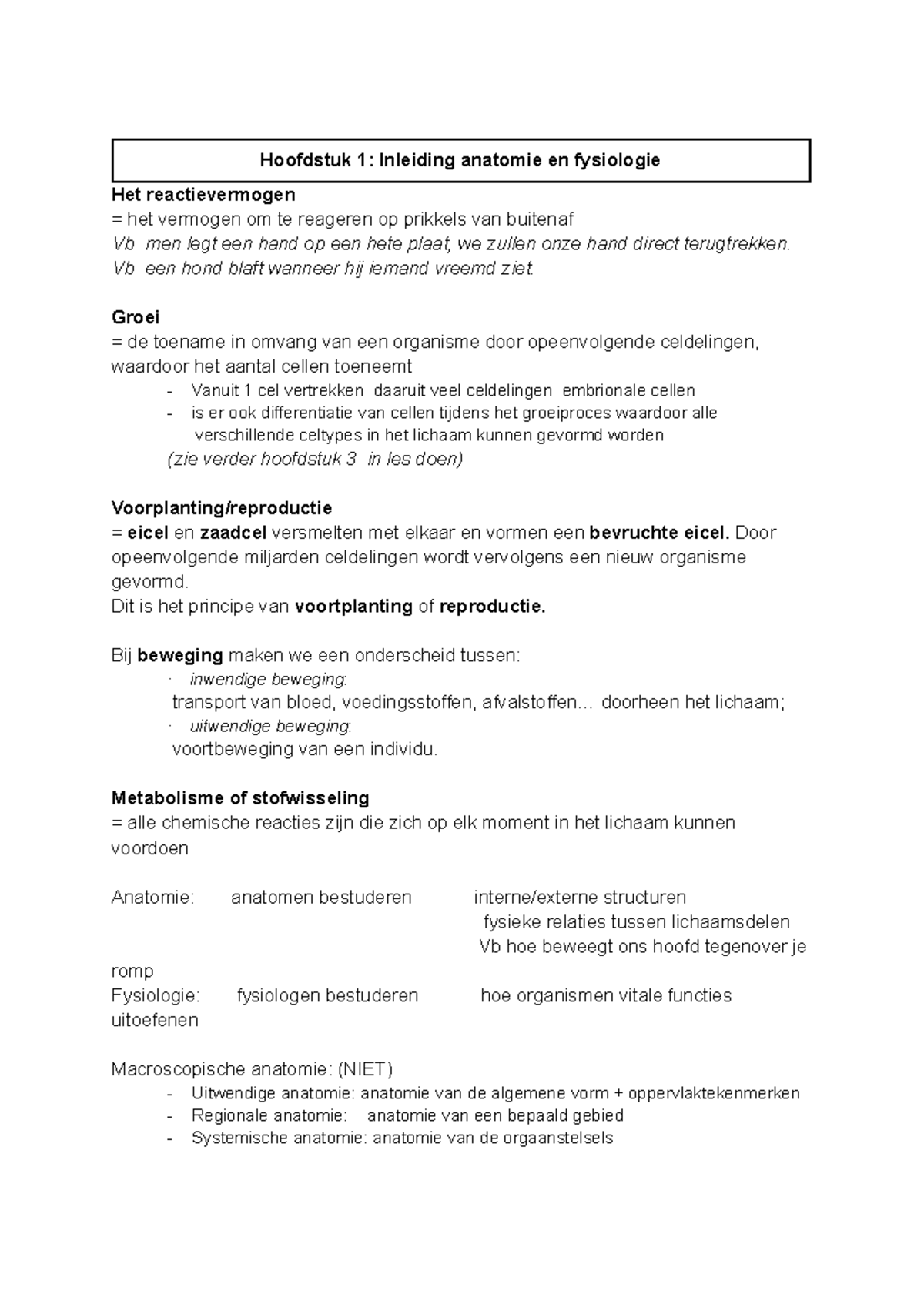 Fysiologie (H1-2-3) - Samenvatting hoofdstuk 1-2-3 - Hoofdstuk 1: Inleiding anatomie en ...