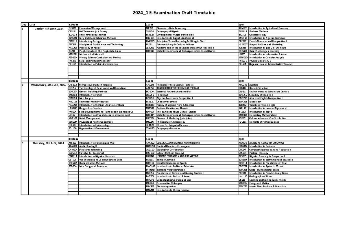 2024 1 eexam draft timetable - Day Date BUS105 Elements of Management I ...