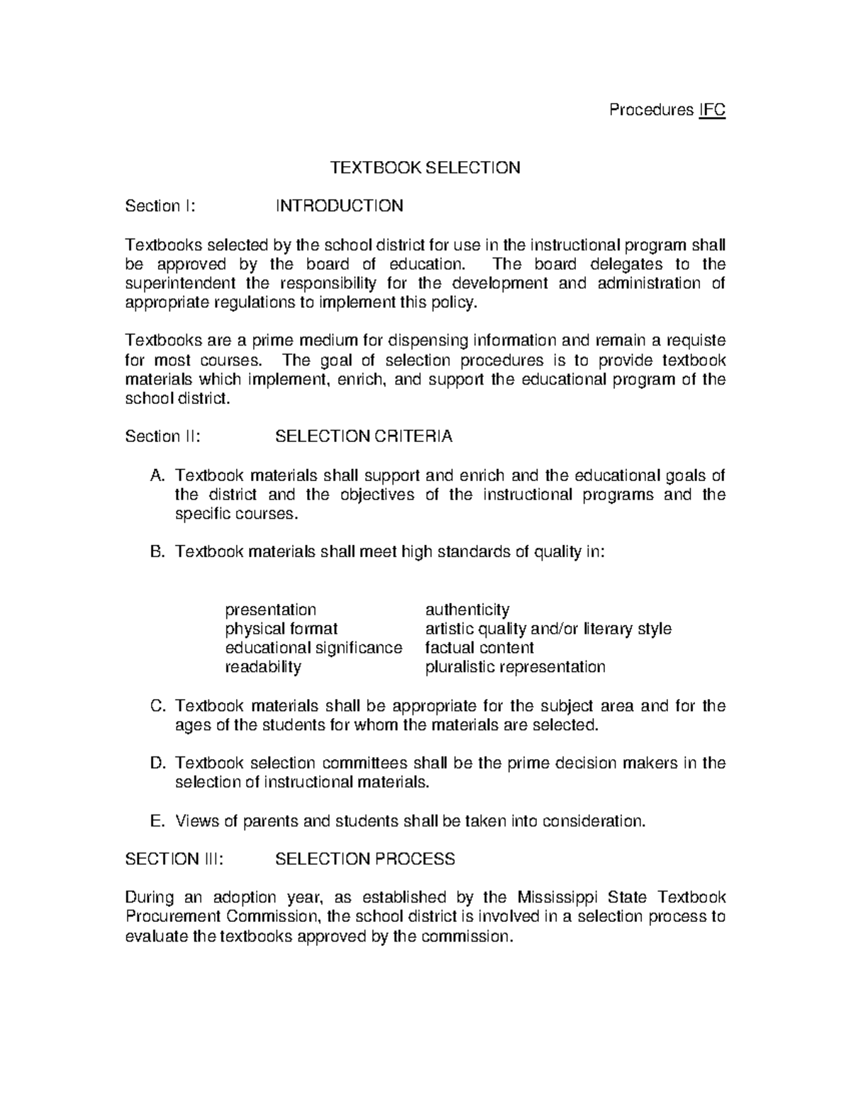 Ifc procedures - Practice Material - TEXTBOOK SELECTION Section I: INTRODUCTION Textbooks ...