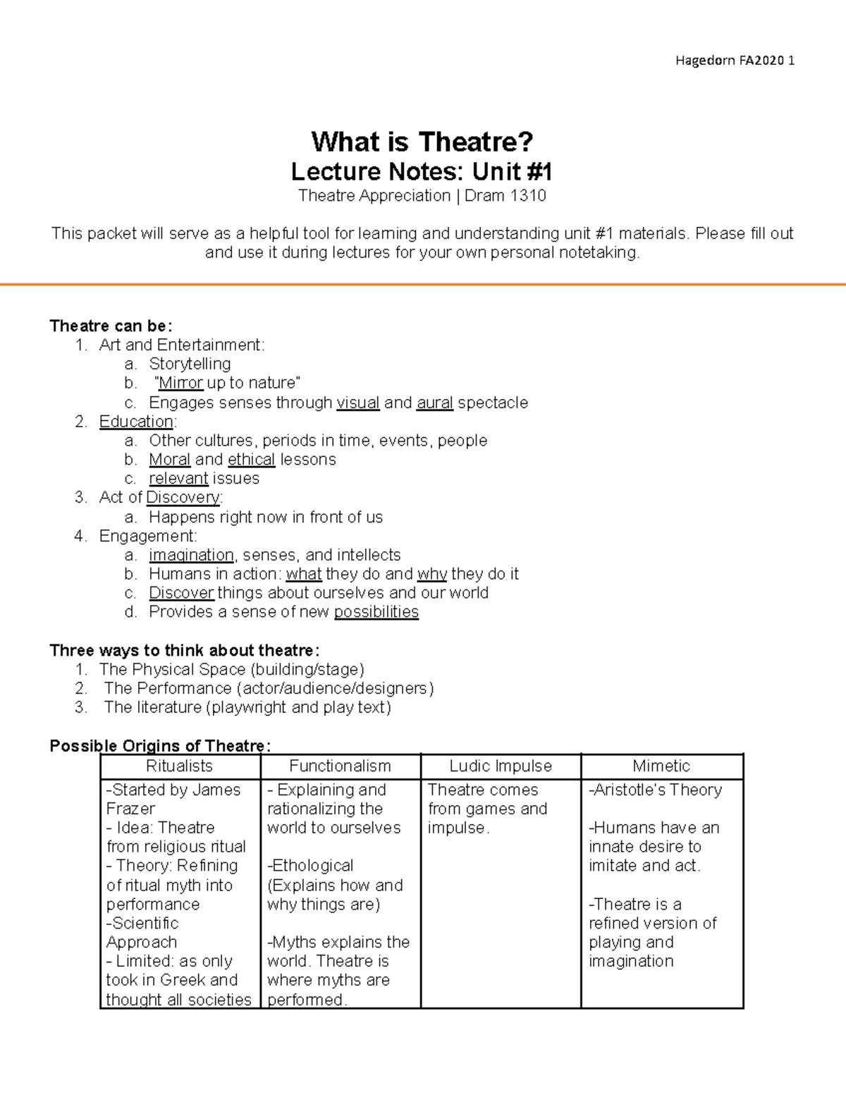 Theatre Unit 1 Lecture Notes(2) - What is Theatre? Lecture Notes: Unit ...