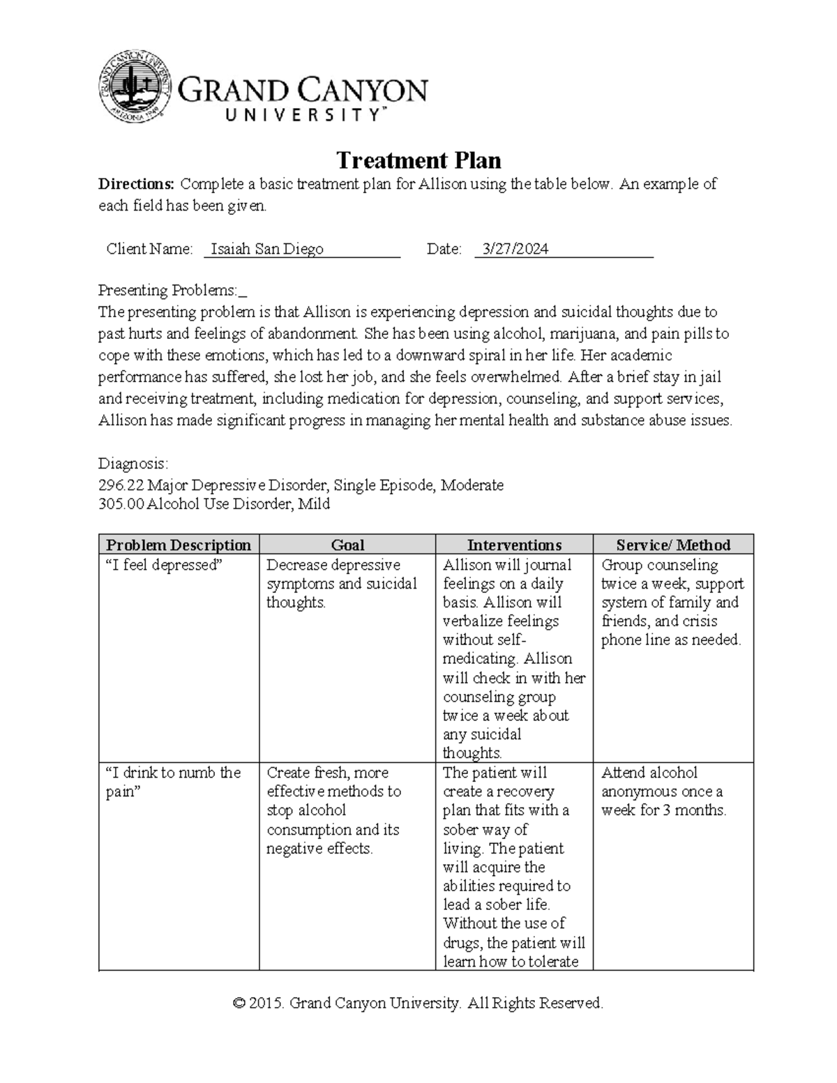 PCN255 - PCN 255 - Treatment Plan Directions: Complete a basic ...