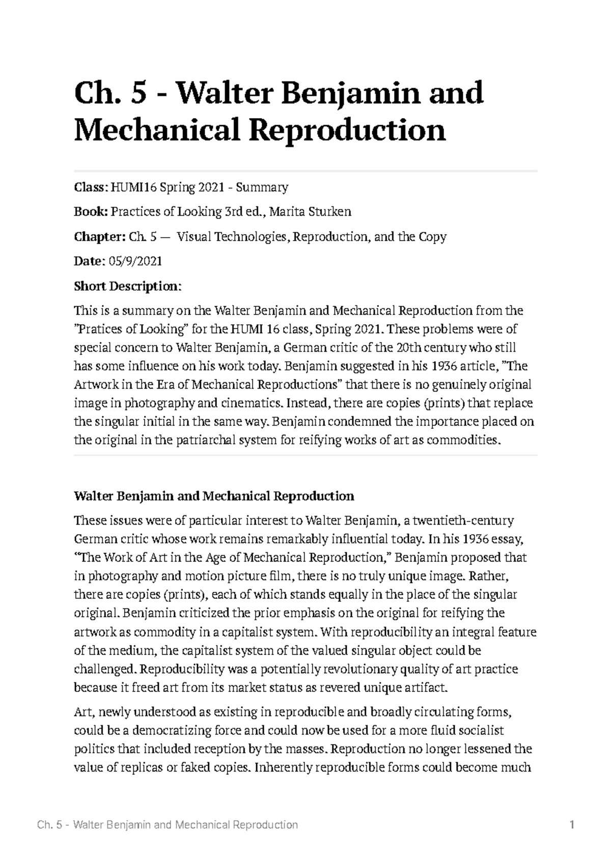 Ch. 5 - Walter Benjamin and Mechanical Reproduction - Ch. 5 - Walter ...