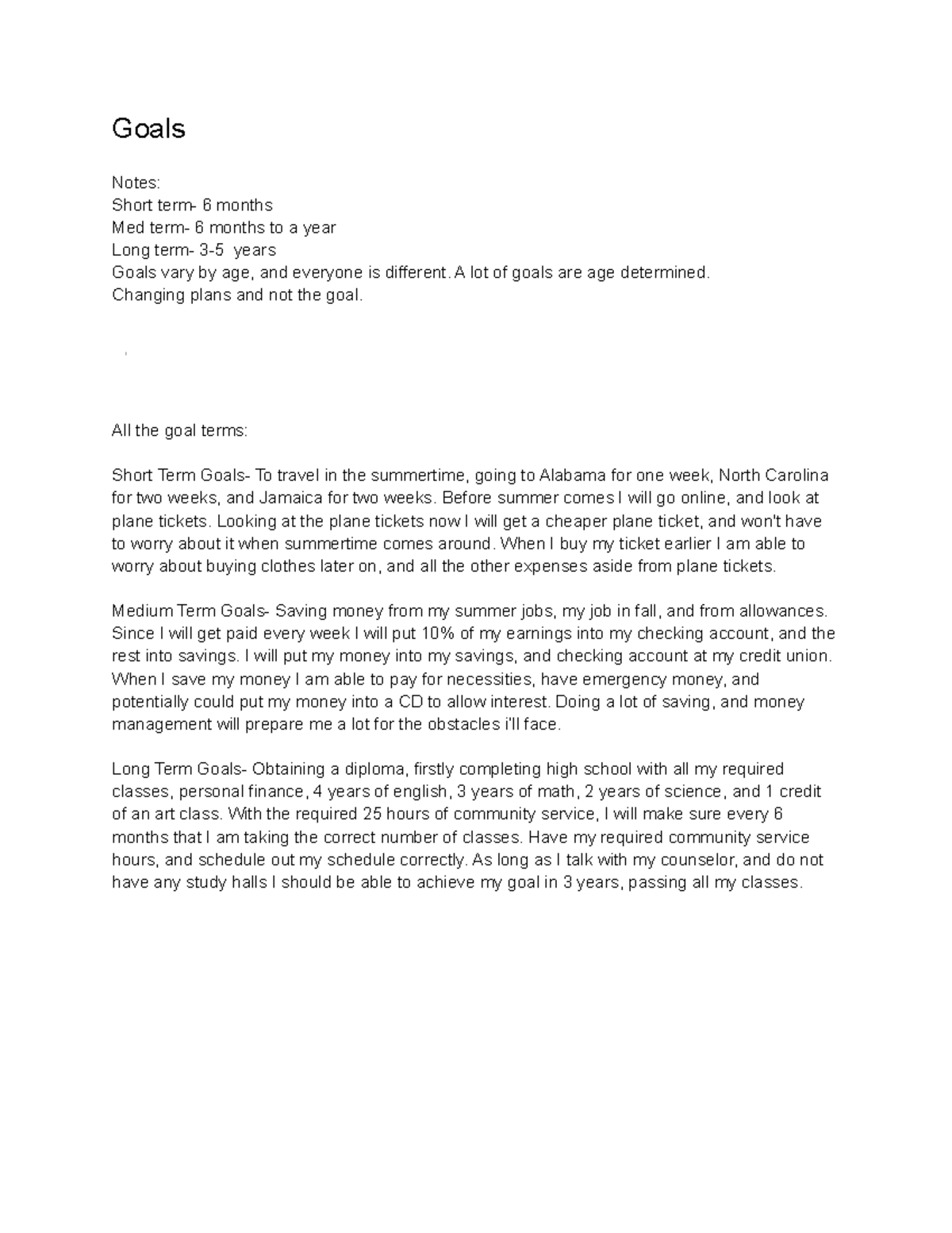 Introduction to Goal Setting - Goals Notes: Short term- 6 months Med ...