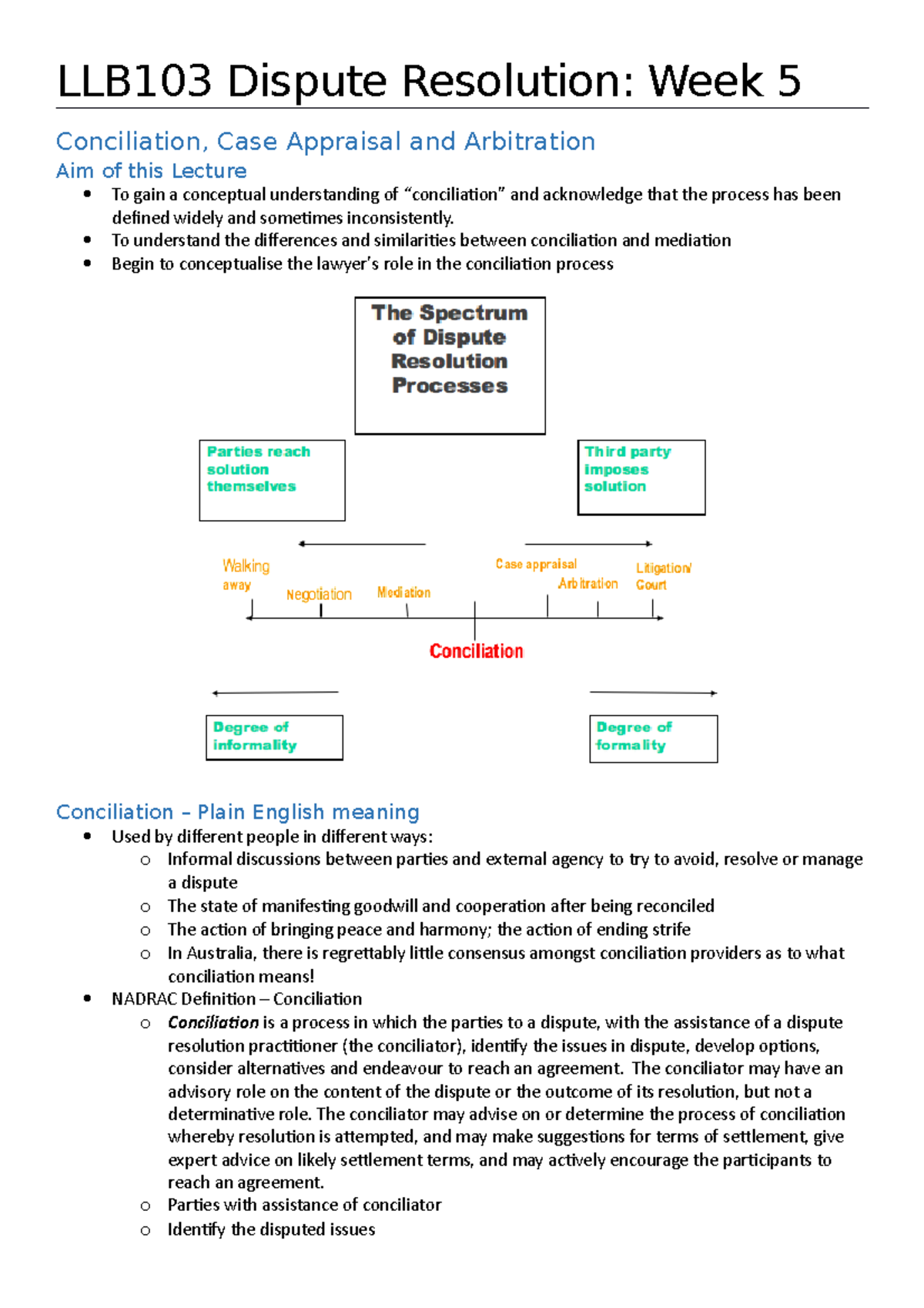 LLB103 Week 5 Conciliation:Arbitration - LLB103 Dispute Resolution: Week 5 Conciliation, Case ...