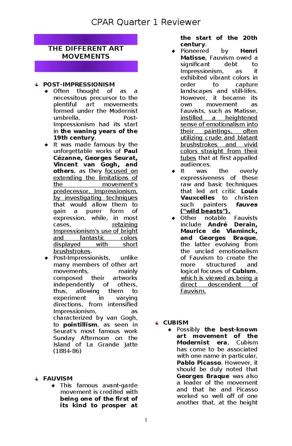 CPAR Q1 Reviewer - THE DIFFERENT ART MOVEMENTS POST-IMPRESSIONISM Often thought of as a - Studocu