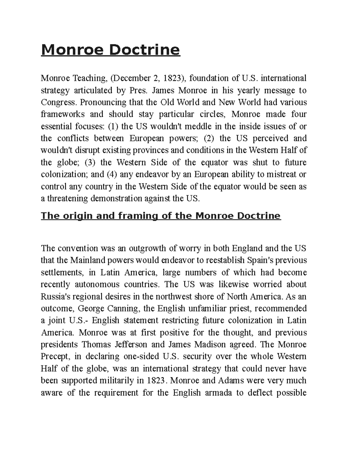 Monroe Doctrine - Monroe Doctrine Monroe Teaching, (December 2, 1823 ...