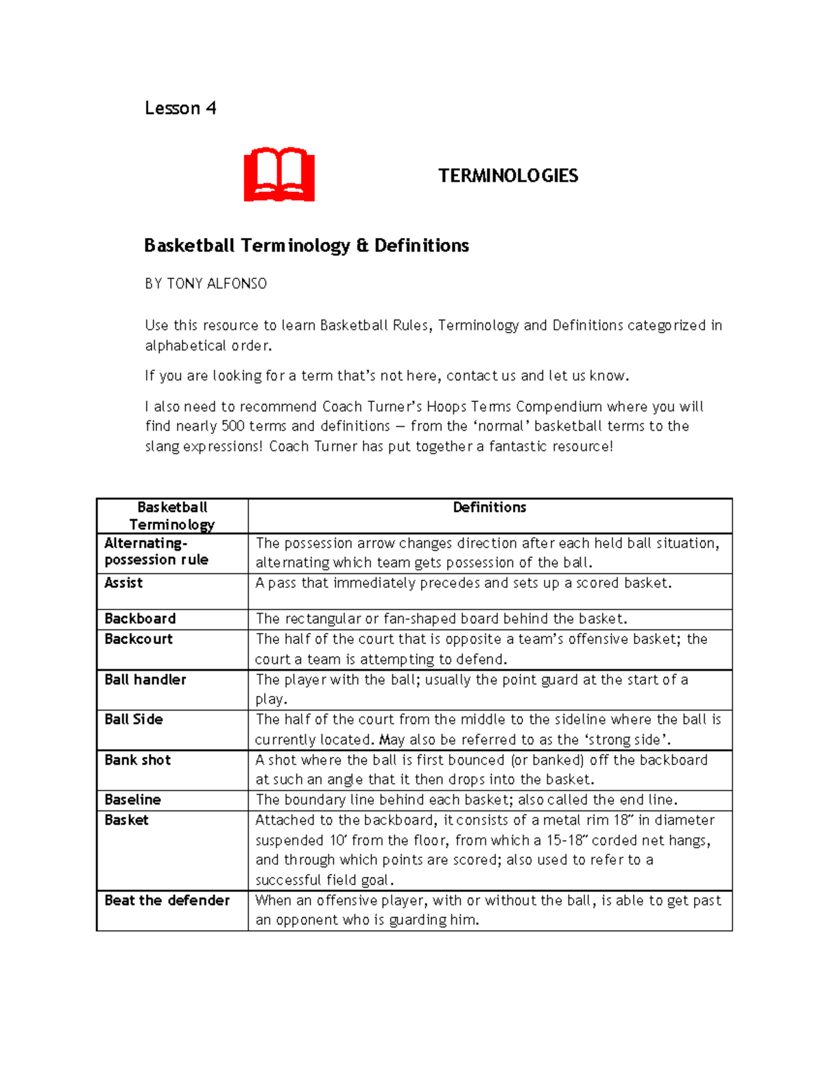 Terminologies - Lesson 4 Basketball Terminology & Definitions BY TONY ...