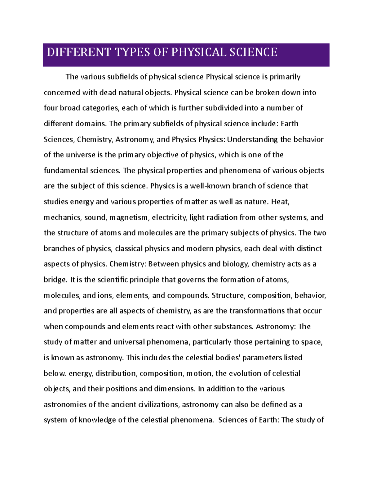 Physical Science - Activity 2 - DIFFERENT TYPES OF PHYSICAL SCIENCE The ...