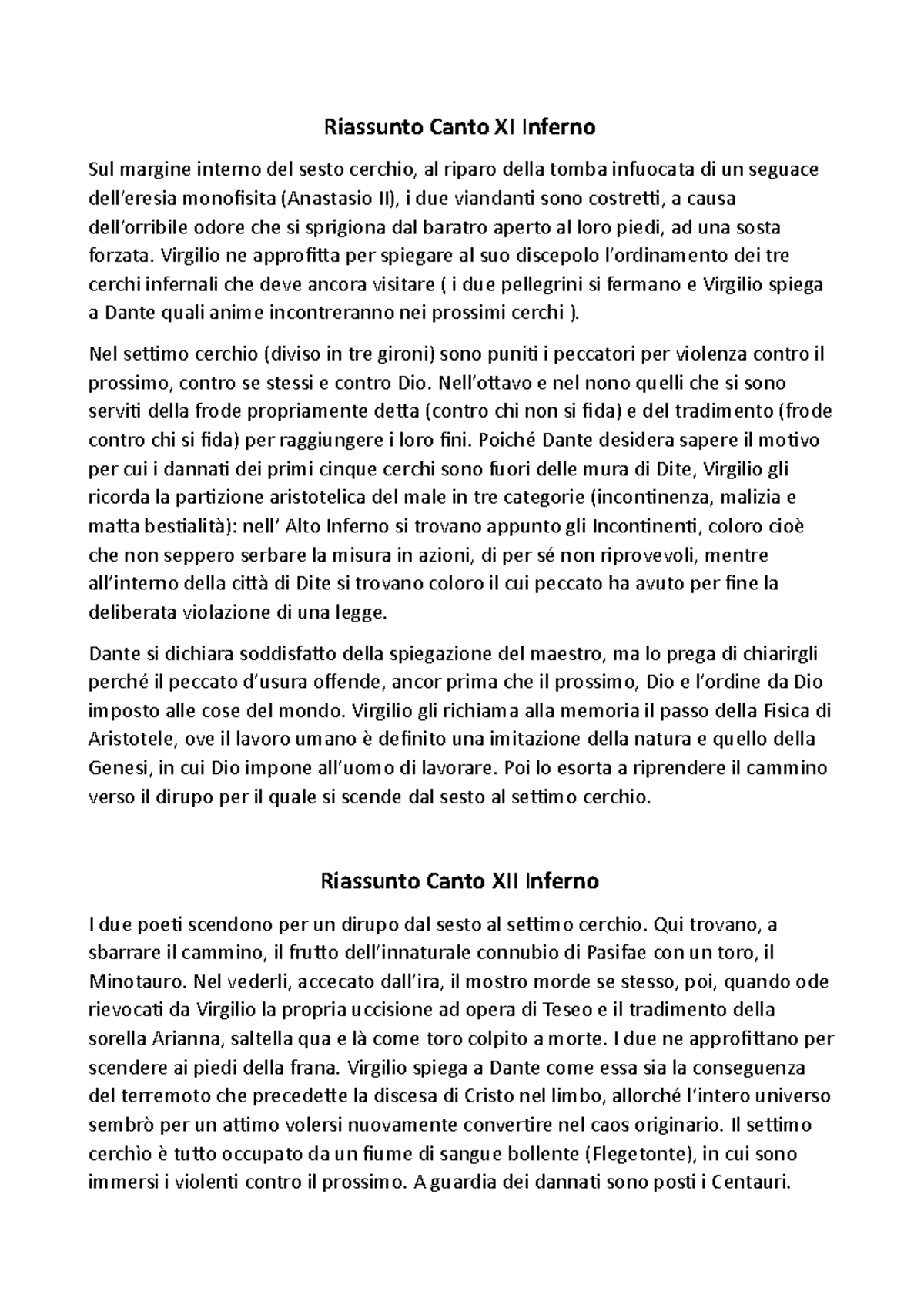 Riassunti 11 12 inferno, prof. Deborah Papa - Riassunto Canto XI ...