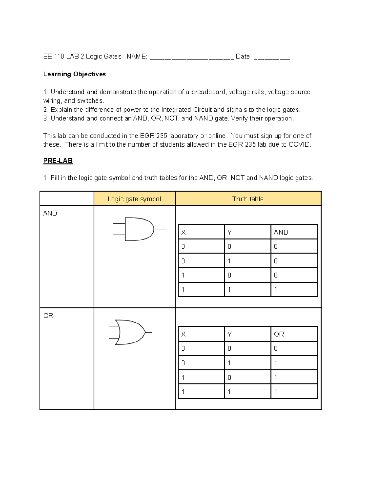 EE 110 LAB 2 - EE 110 LAB 2 - EE 110 LAB 2 Logic Gates NAME ...