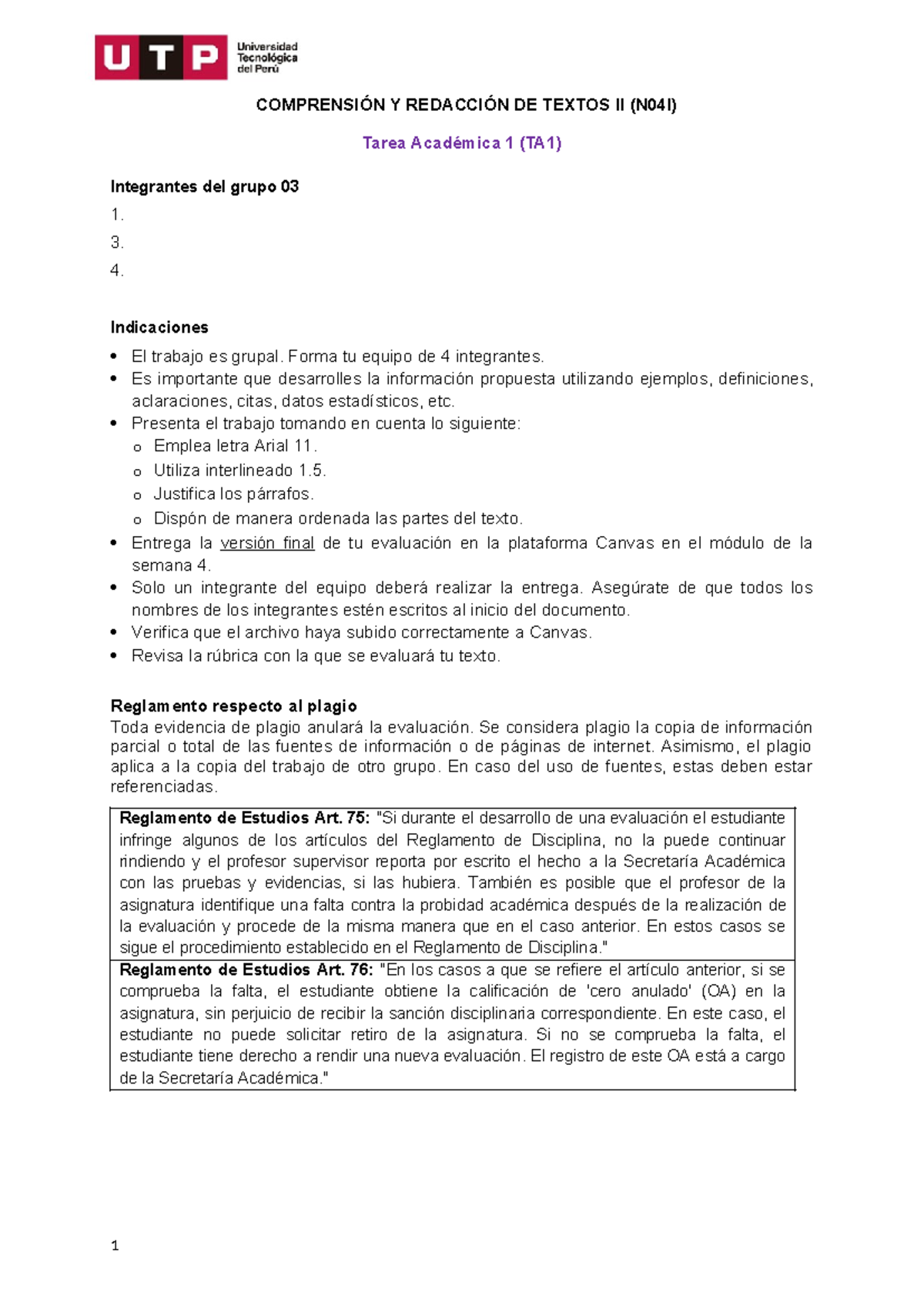 S03 -S04 -Tarea Académica 1 Grupo 03 - COMPRENSIÓN Y REDACCIÓN DE TEXTOS II (N04I) Tarea ...