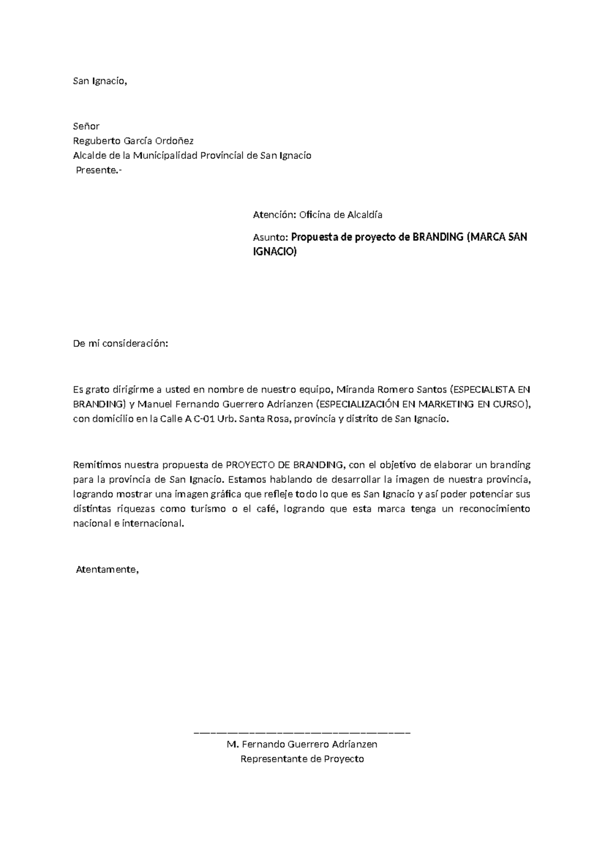 Carta de presentacion de proyecto - San Ignacio, Señor Reguberto García ...