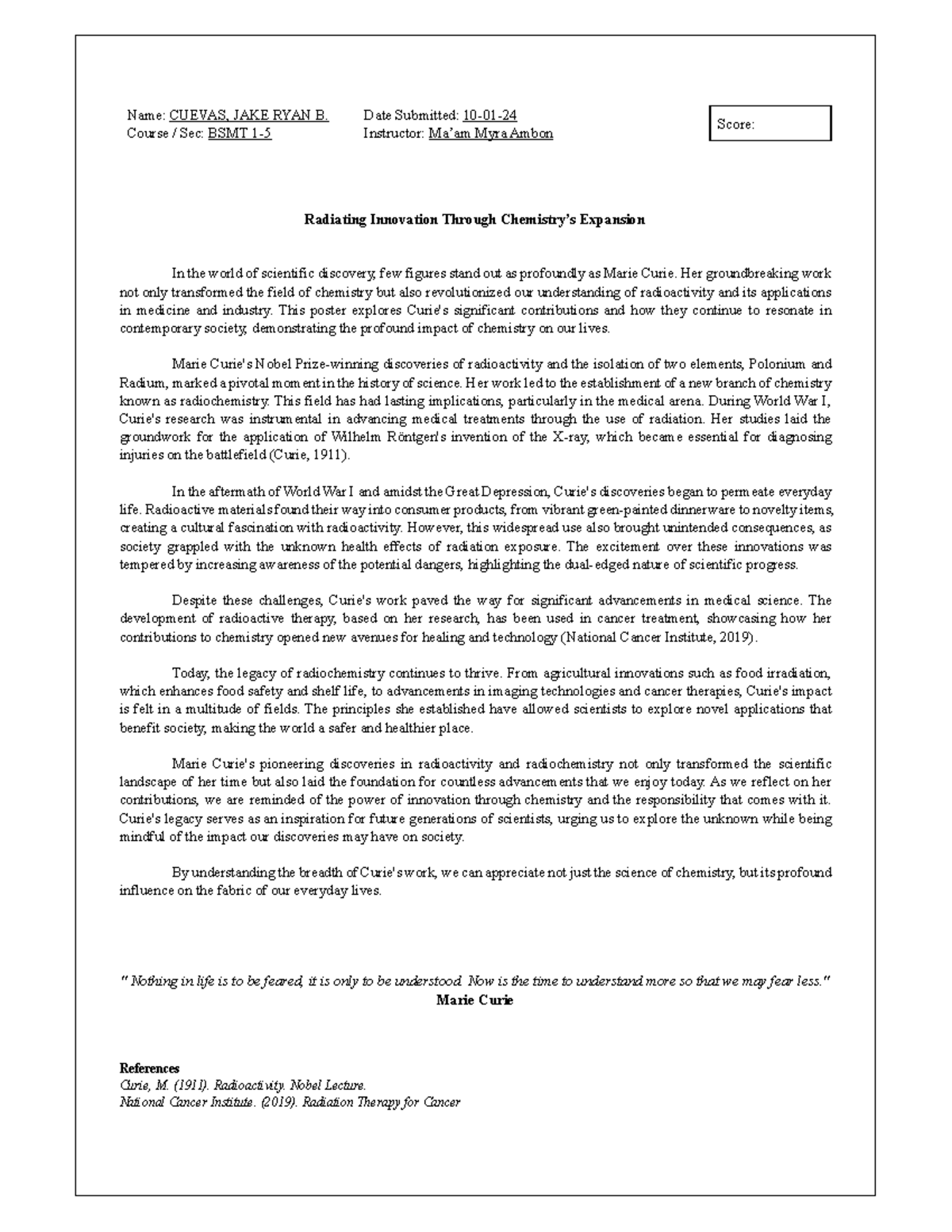 Revised chem marie curie passage - Name: CUEVAS, JAKE RYAN B. Date ...