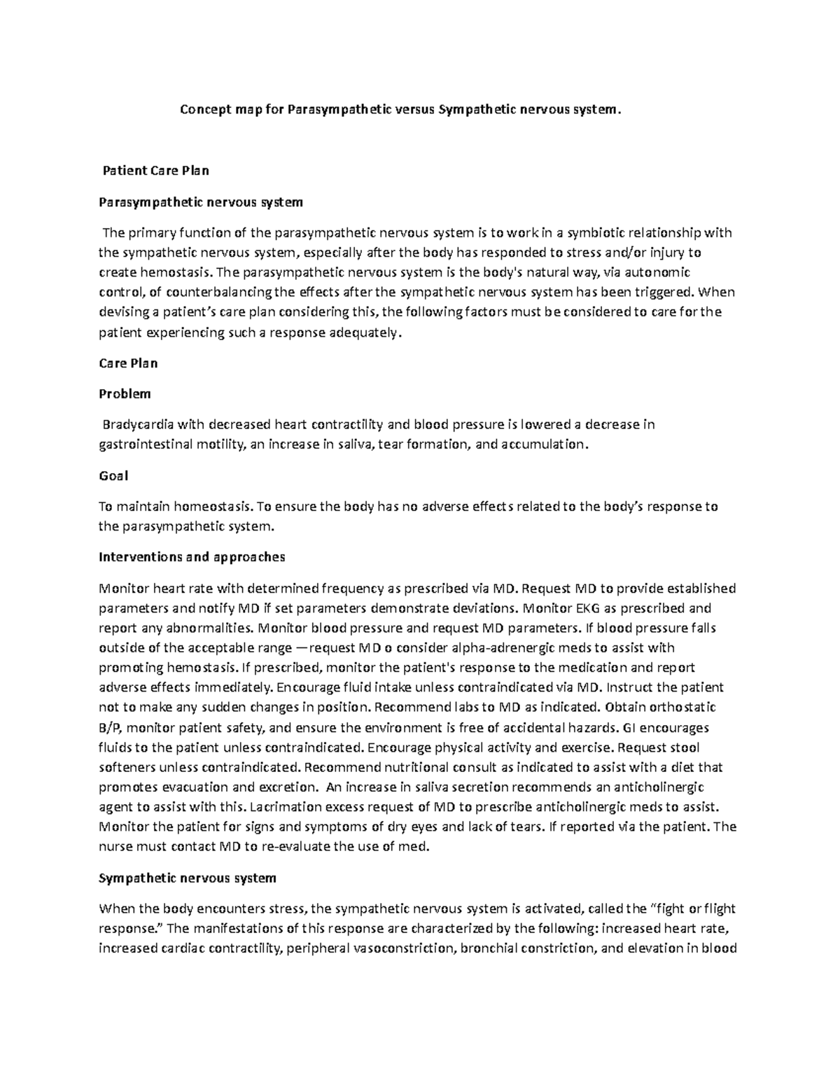 Concept Map CND Para and Sympathetic - Concept map for Parasympathetic ...