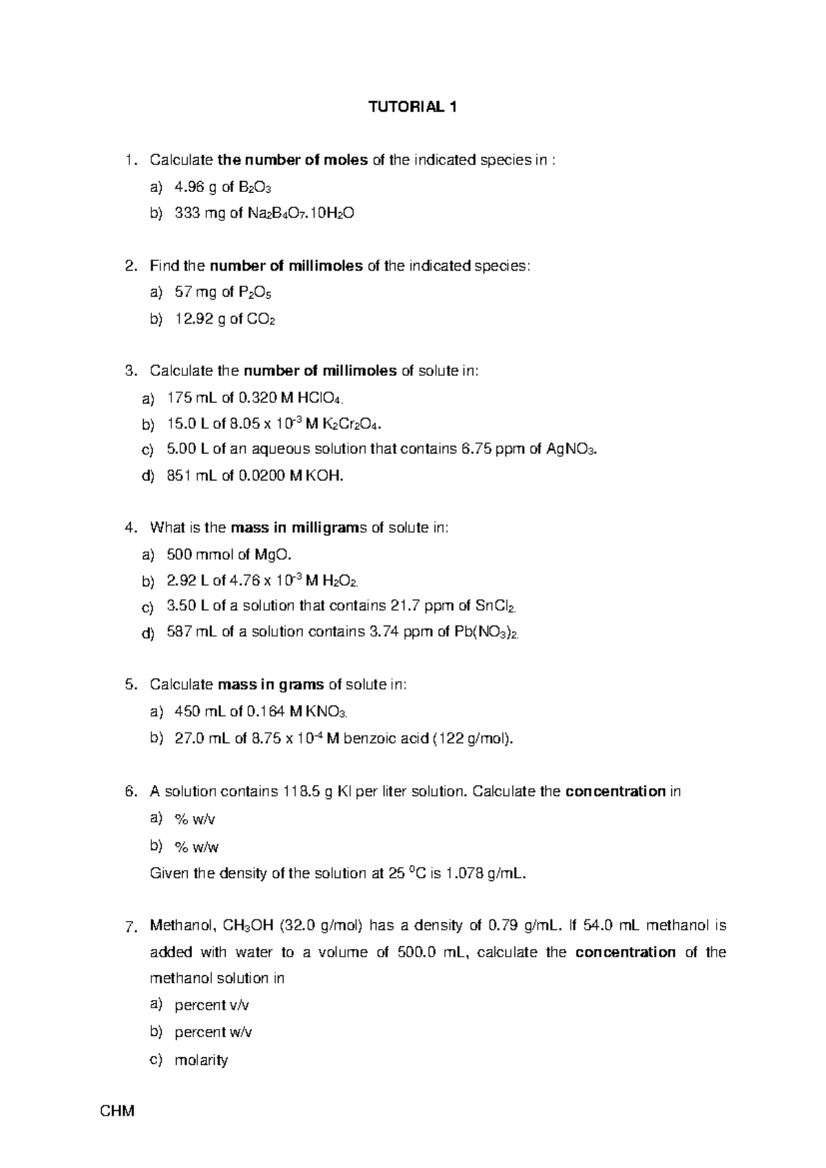 Tutorial 1 CHM 256 - CHem's about - CHM 256 TUTORIAL 1 Calculate the number of moles of the ...