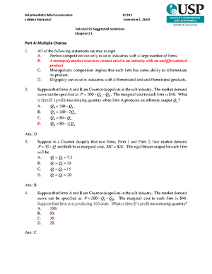 Tutorial 12 Solution - EC202: Intermediate Microeconomics Semester 2, 2022 Tutorial 12 Solution ...