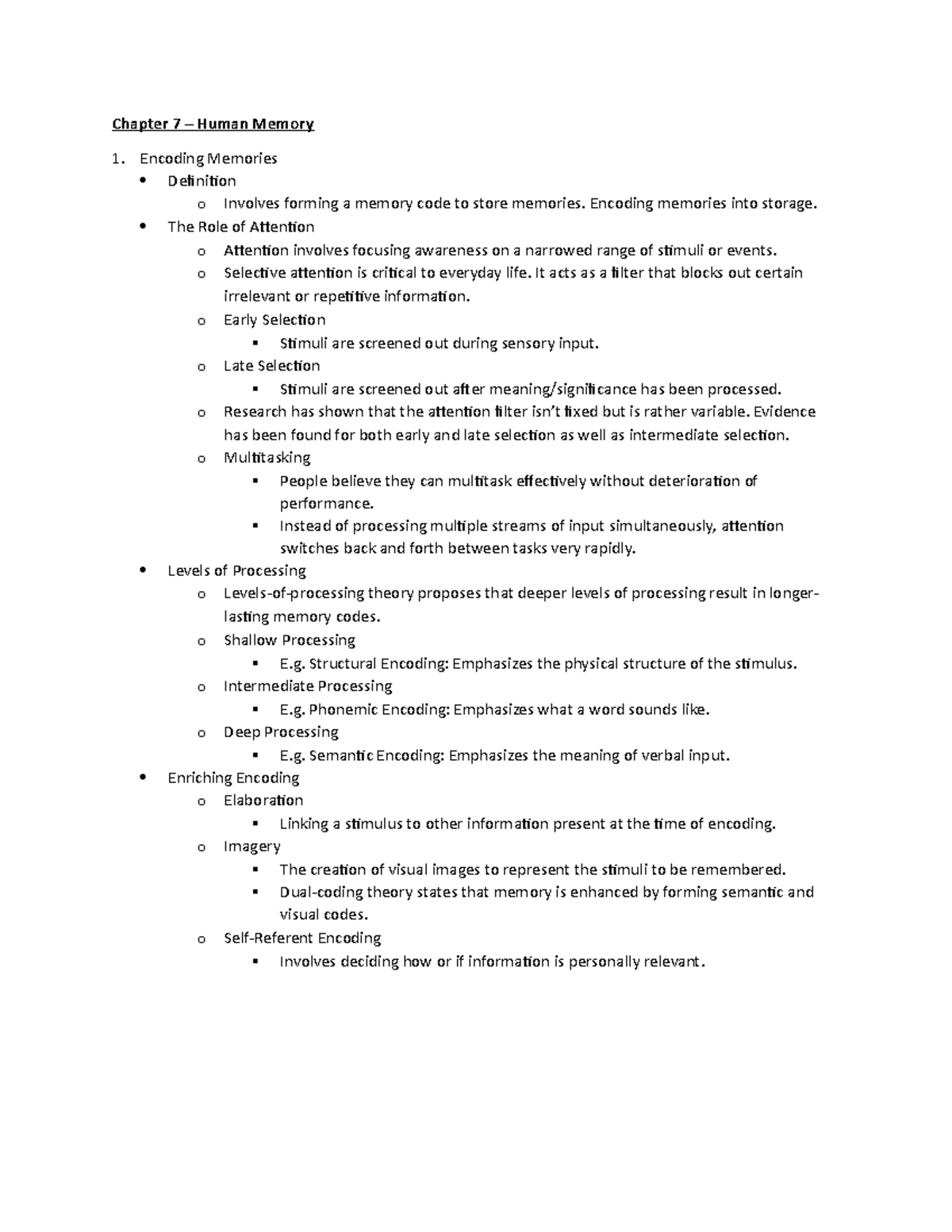 PSYC1010 - Chapter 7 - Human Memory - Chapter 7 – Human Memory Encoding ...