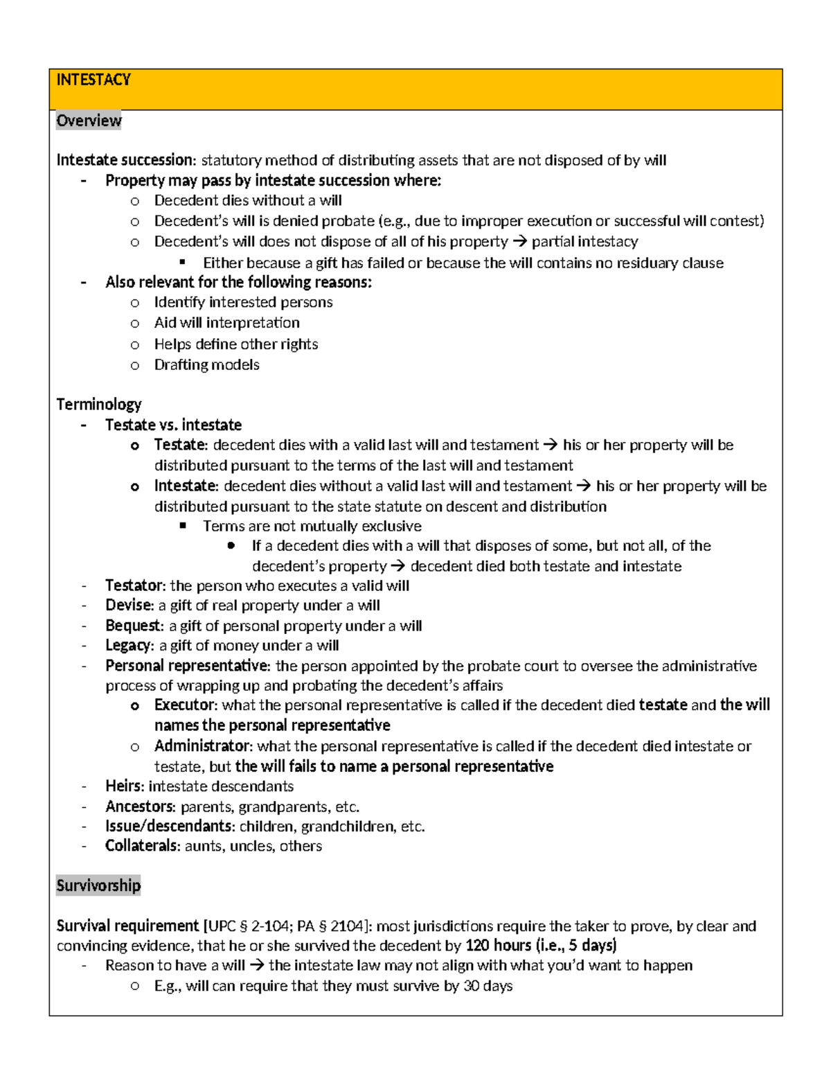 Outline decedents - INTESTACY Overview Intestate succession: statutory ...