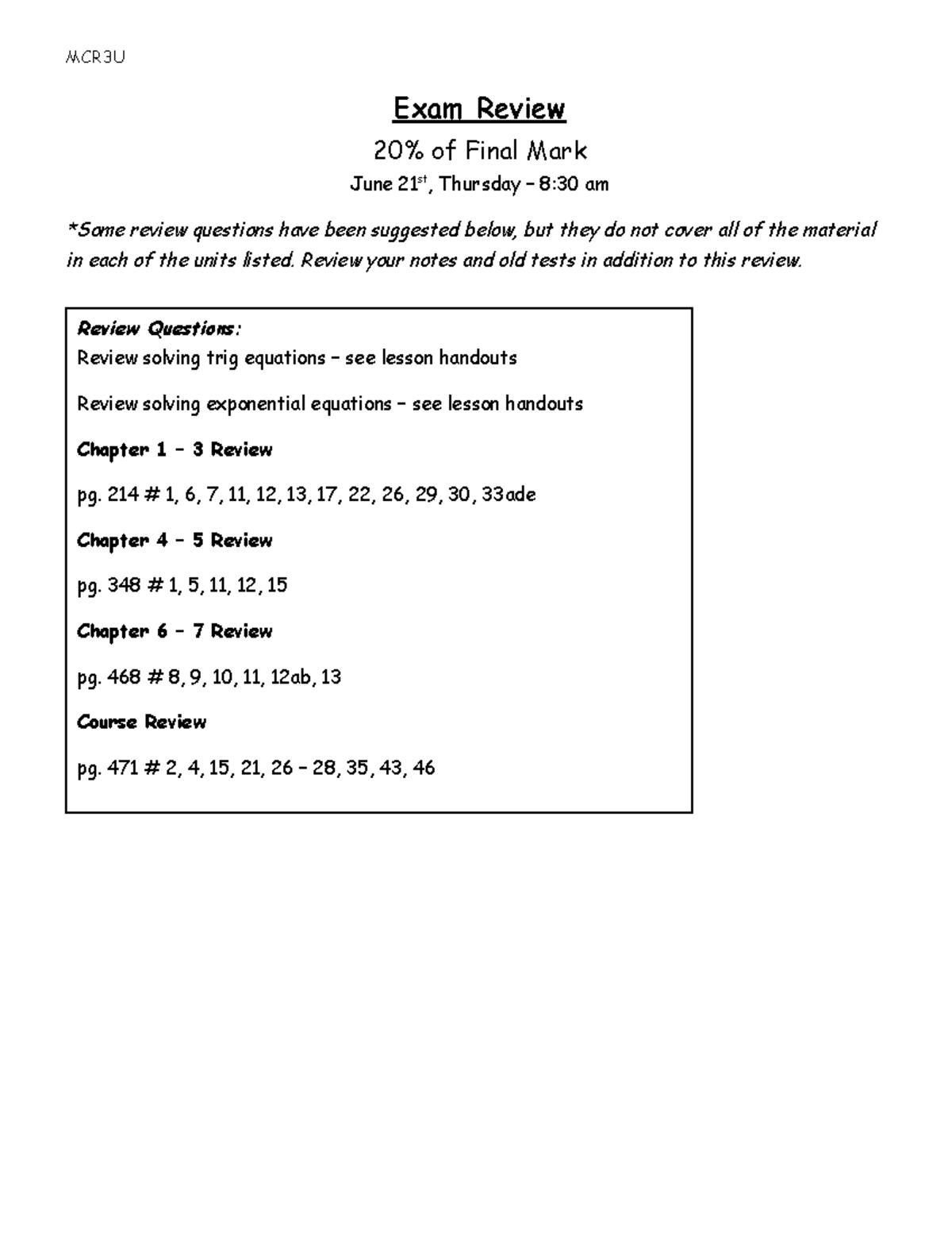 Exam review textbook june 2012 - MCR3U Exam Review 20% of Final Mark ...