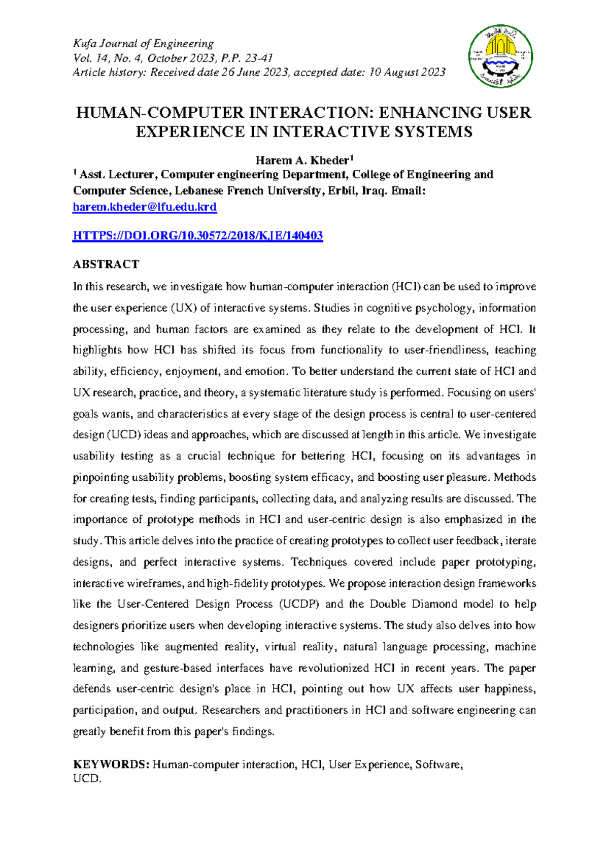 Human- Computer Interaction Enhancing USER Experien - Kufa Journal of Engineering Vol. 14 , No ...