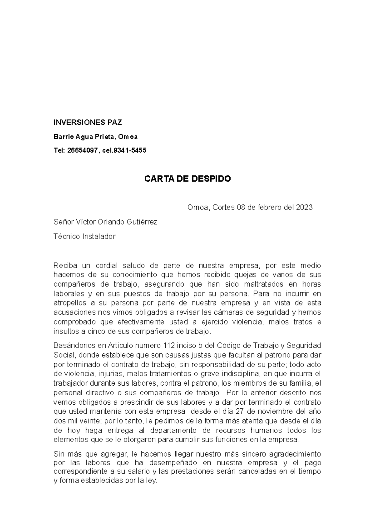 Carta De Despido Practicas Del Derecho Del Trabajo Inversiones Paz Carta De Despido Practicas Del Derecho Del Trabajo Inversiones Paz