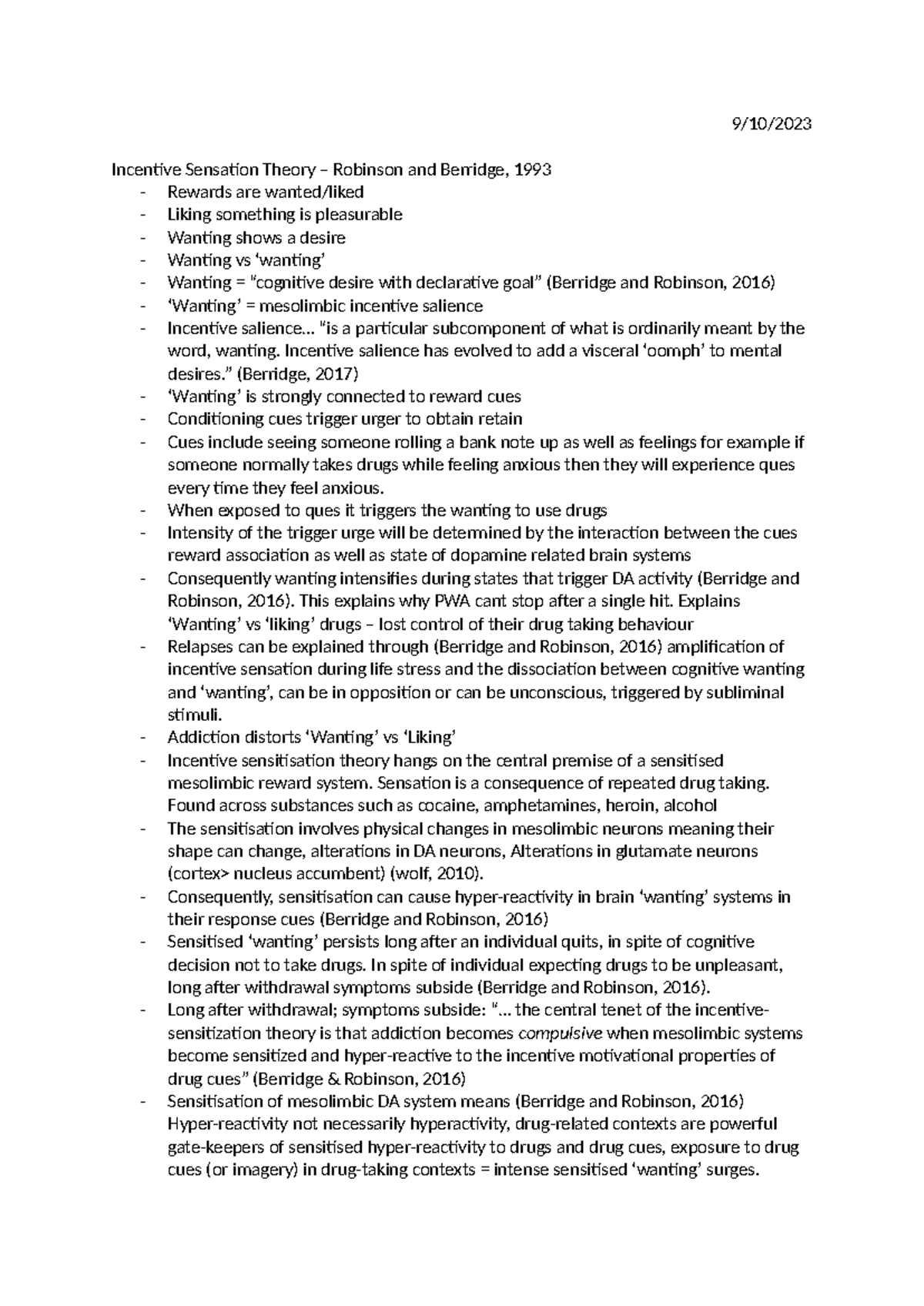 Psychology of addiction - 9/10/ Incentive Sensation Theory – Robinson ...