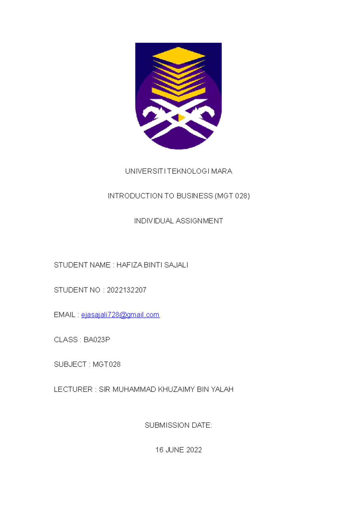 MGT Assignment - Assigment Individual MGT028 - UNIVERSITI TEKNOLOGI ...