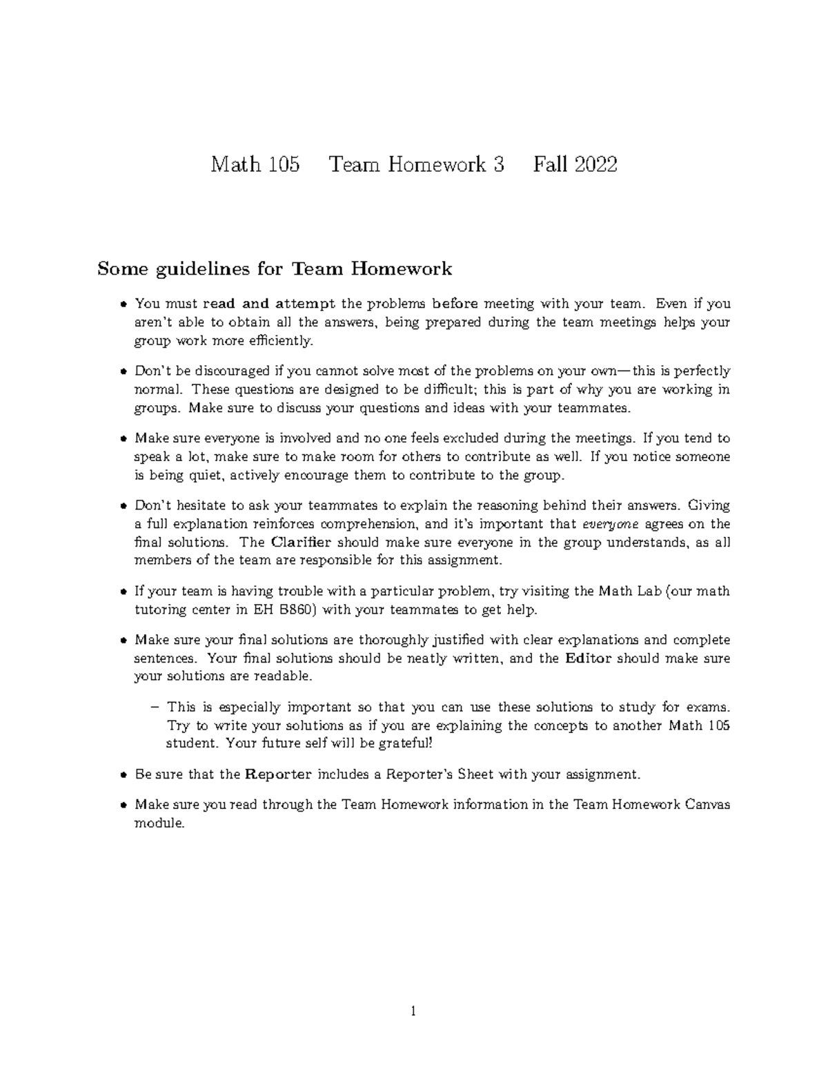 Team HW 3 - Team homework 3 - Math 105 Team Homework 3 Fall 2022 Some guidelines for Team ...