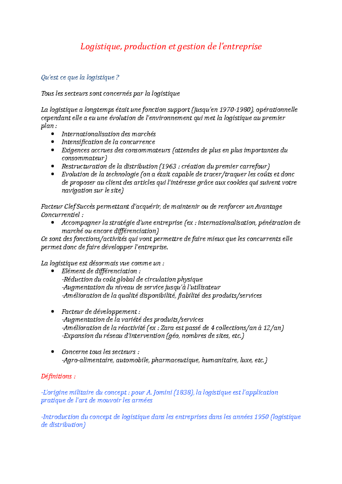 Séance 4 - Cours de Gestion Première année - Logistique, production et ...