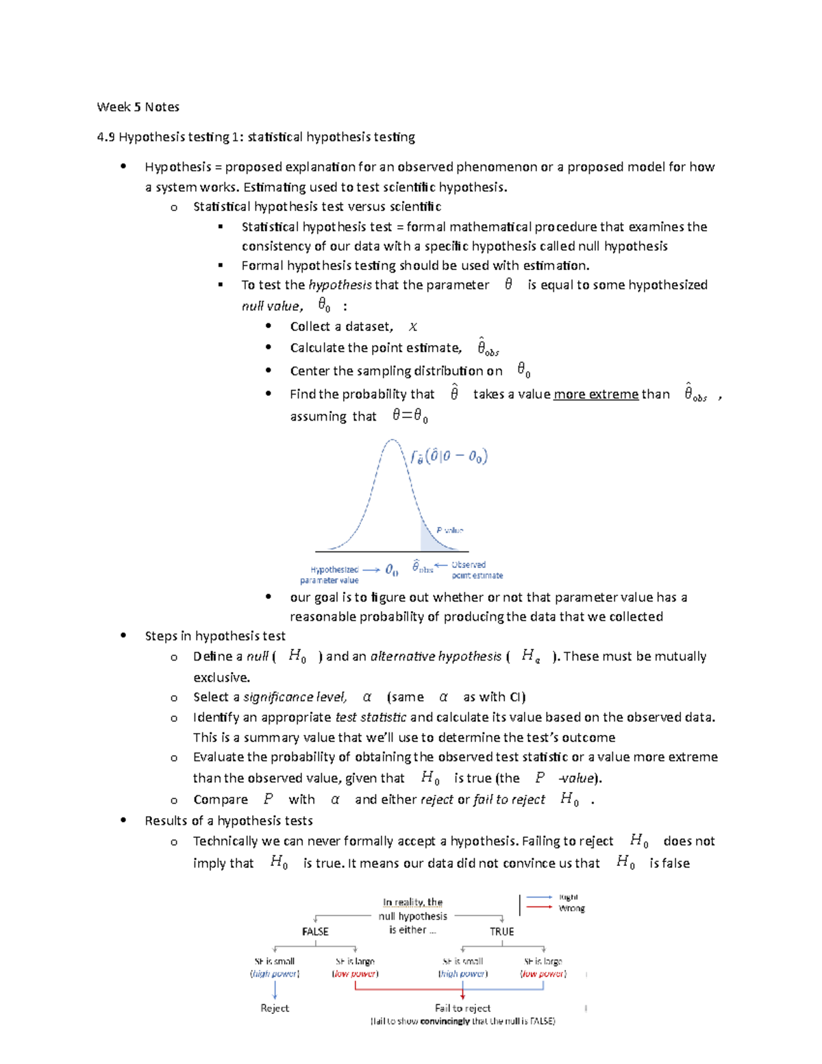 Week 5 Notes - Week 5 Notes 4 Hypothesis testing 1: statistical ...