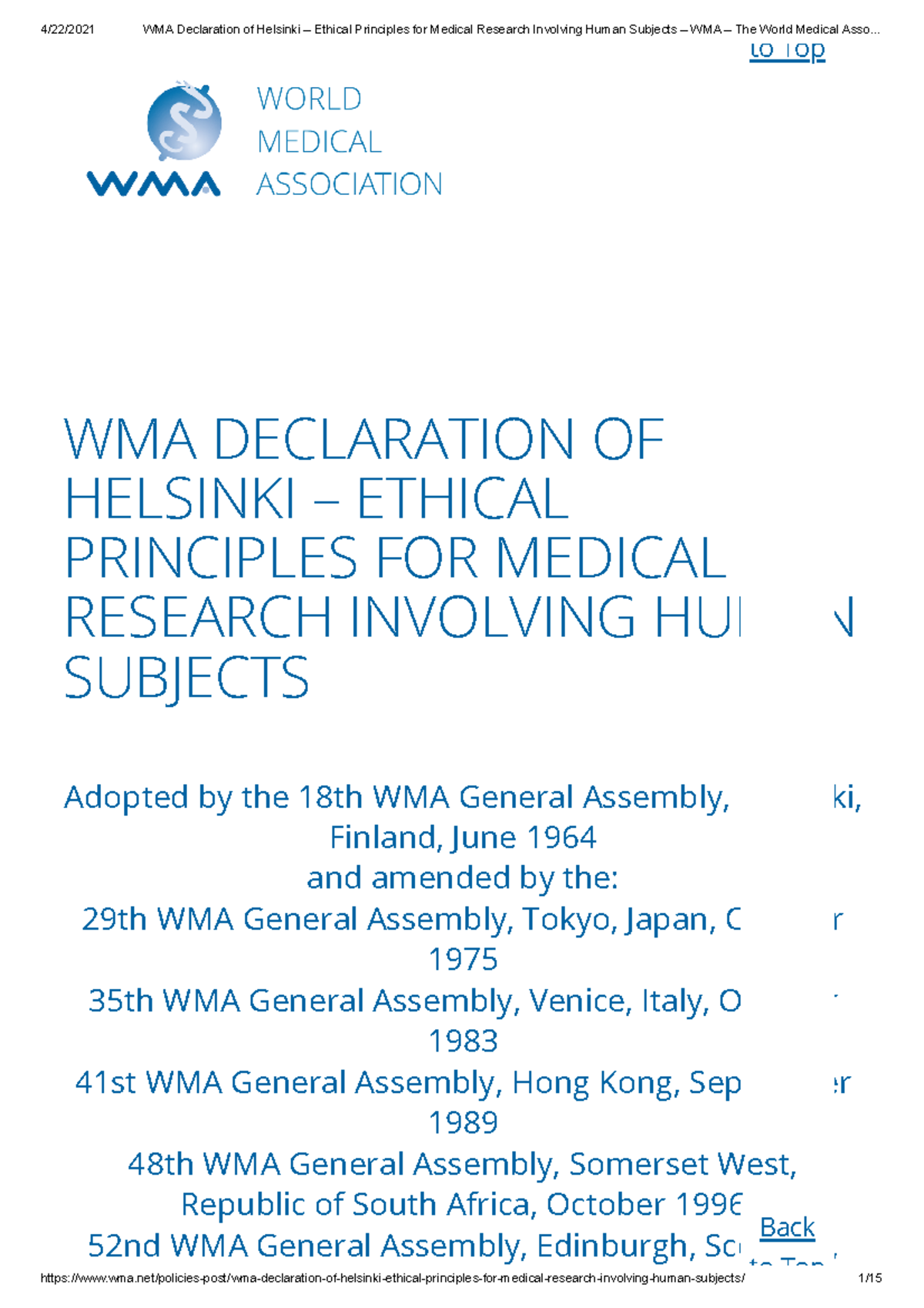 WMA Declaration of Helsinki – Ethical Principles for Medical Research ...