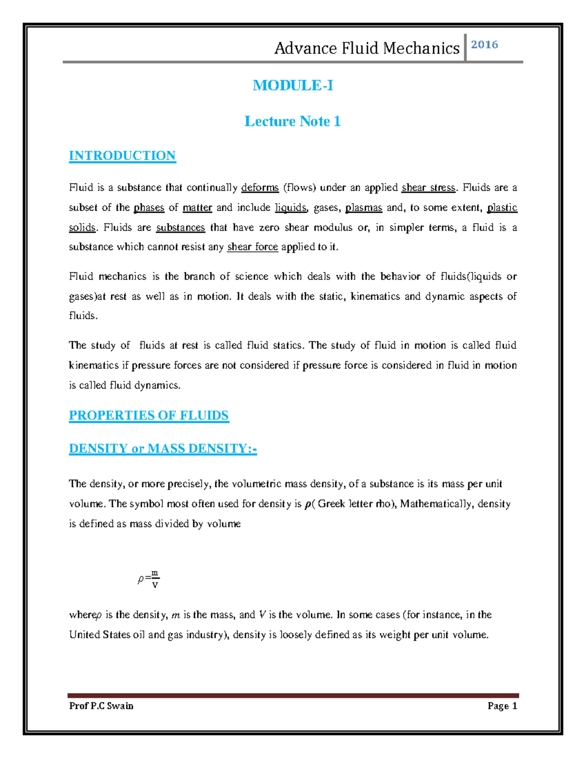 Advanced Fluid Dynamics 1 - MODULE-I Lecture Note 1 INTRODUCTION Fluid ...