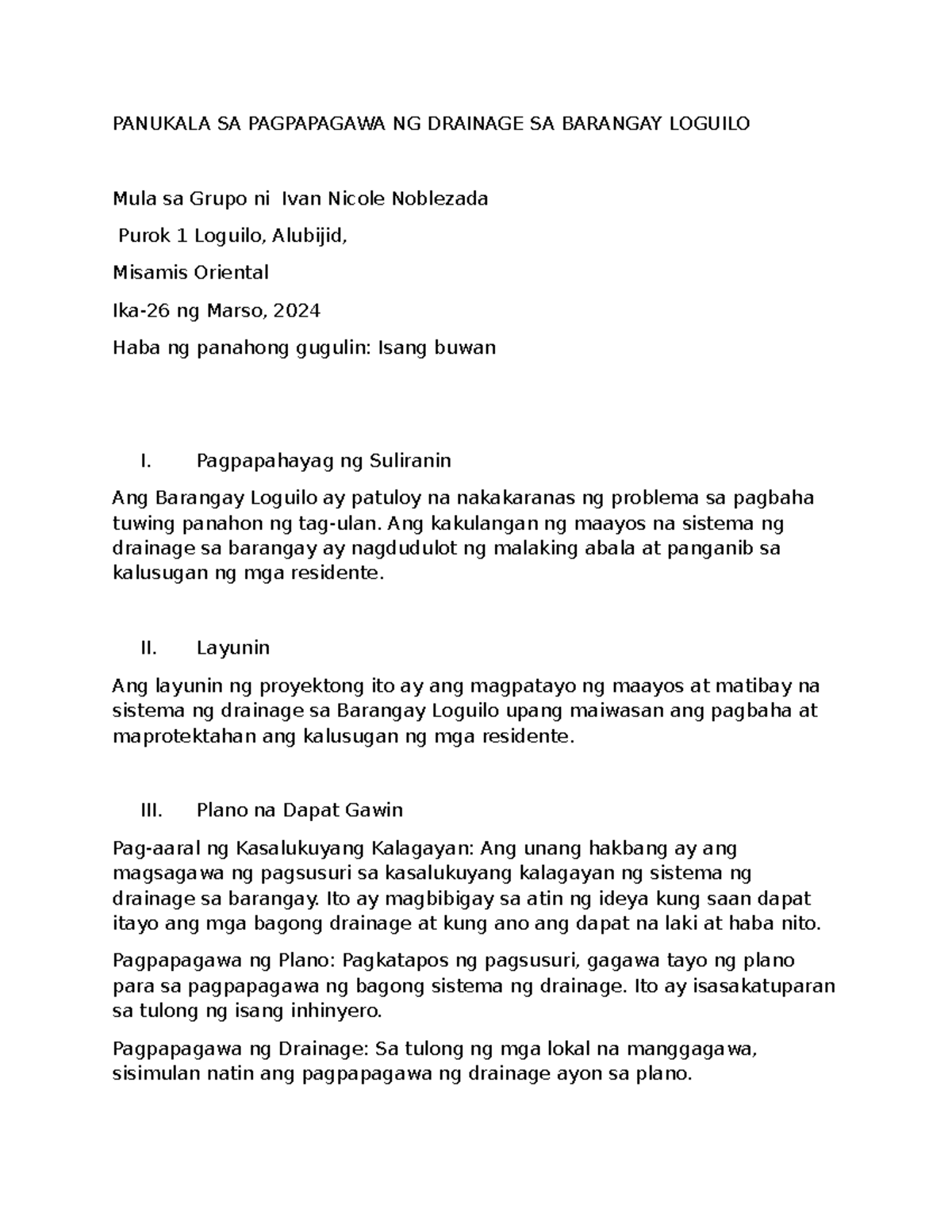 Panukalang-proyekto - PANUKALA SA PAGPAPAGAWA NG DRAINAGE SA BARANGAY ...