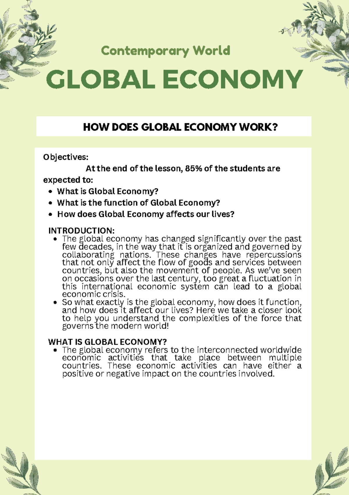 Global Economy Group 1 - Yuo - Contemporary World GLOBAL ECONOMY HOW ...