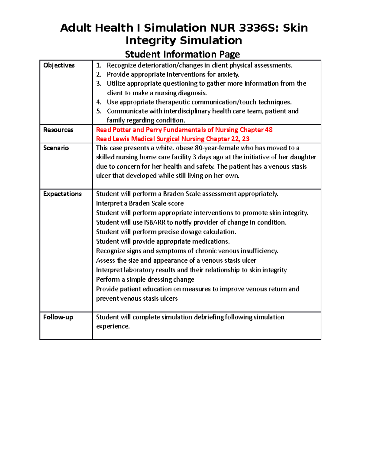 Skin Integrity Student Information Page - Adult Health I Simulation NUR ...