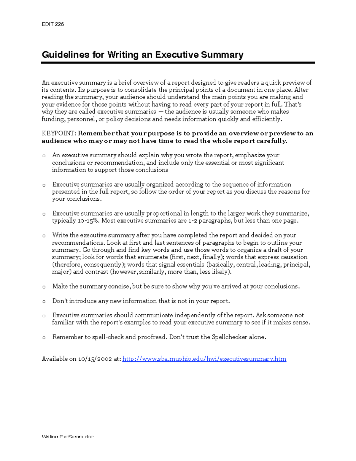 How to write an Executive Summary - EDIT 226 Writing ExcSumm Guidelines ...