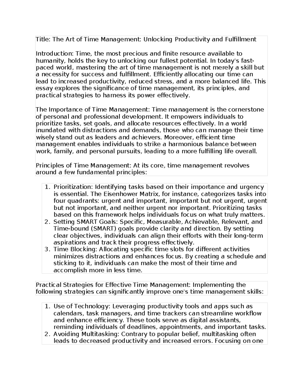 Time management essay - Title: The Art of Time Management: Unlocking ...